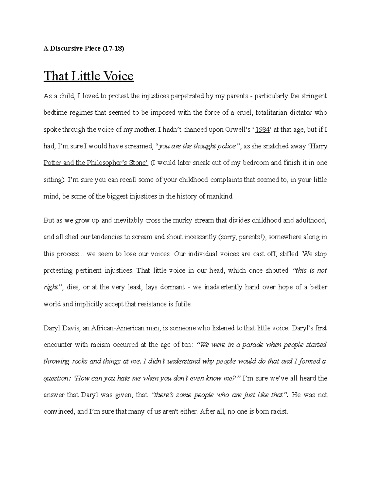 Discursive Examples - A Discursive Piece (17-18) That Little Voice As a ...