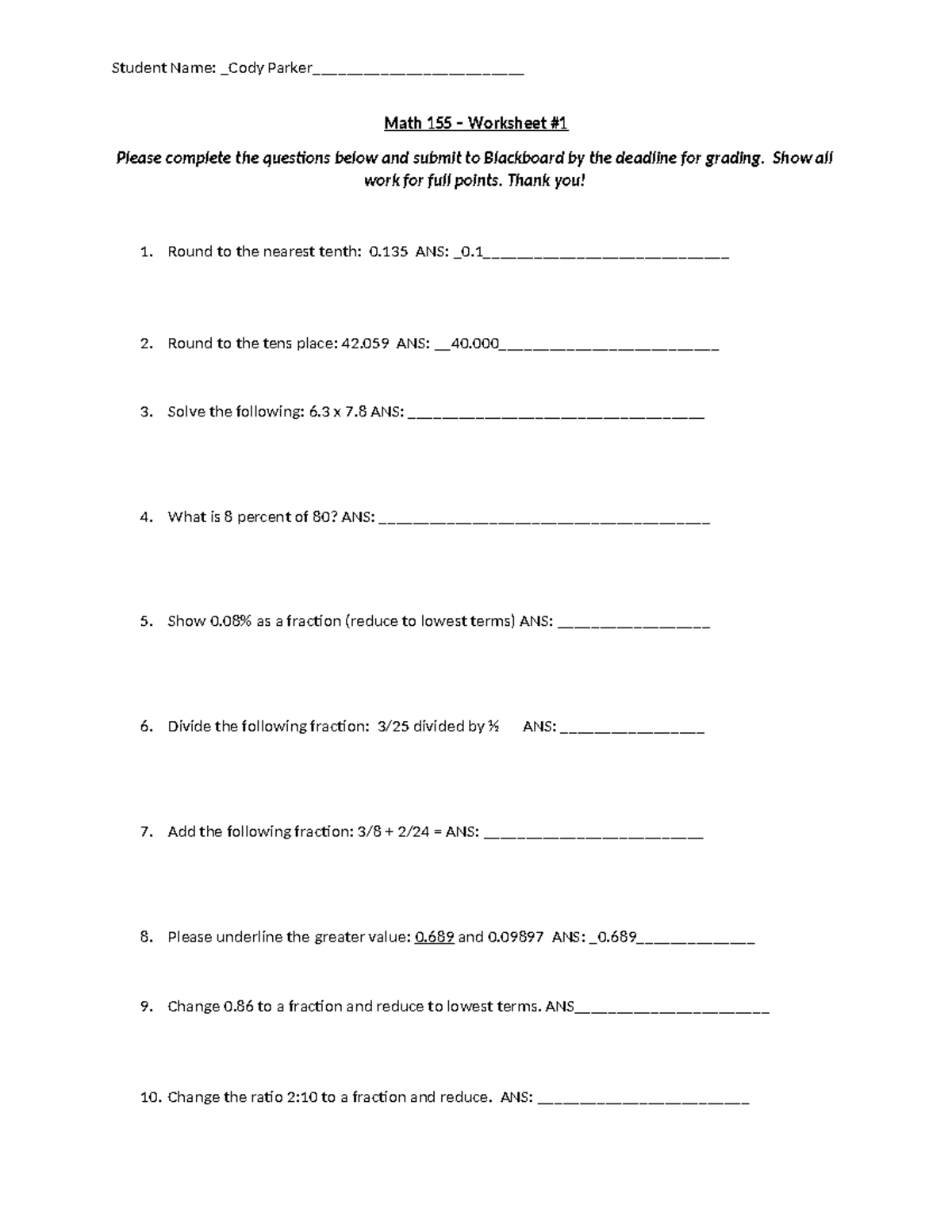 Math 155 - Worksheet #1 - Student Name: Cody Parker ...