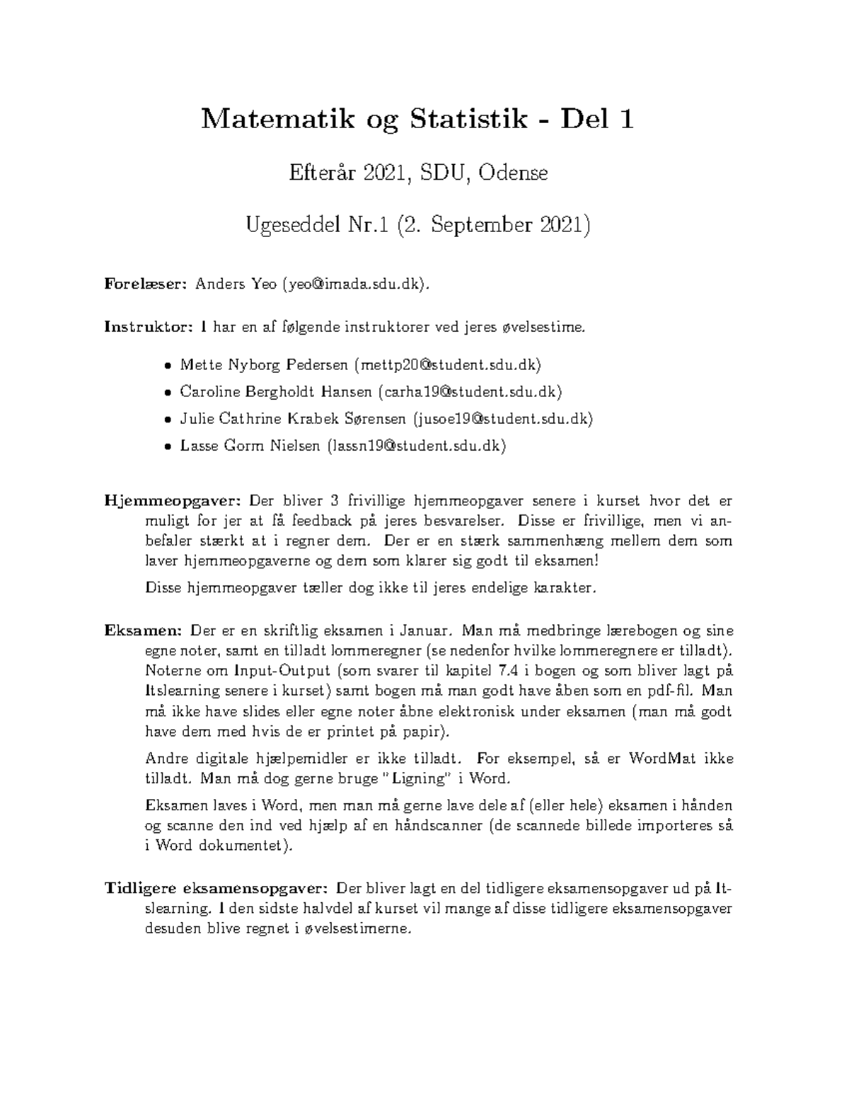 Ugeseddel 1 - Øvelsesmateriale - Matematik og Statistik - Del 1 Efter ...