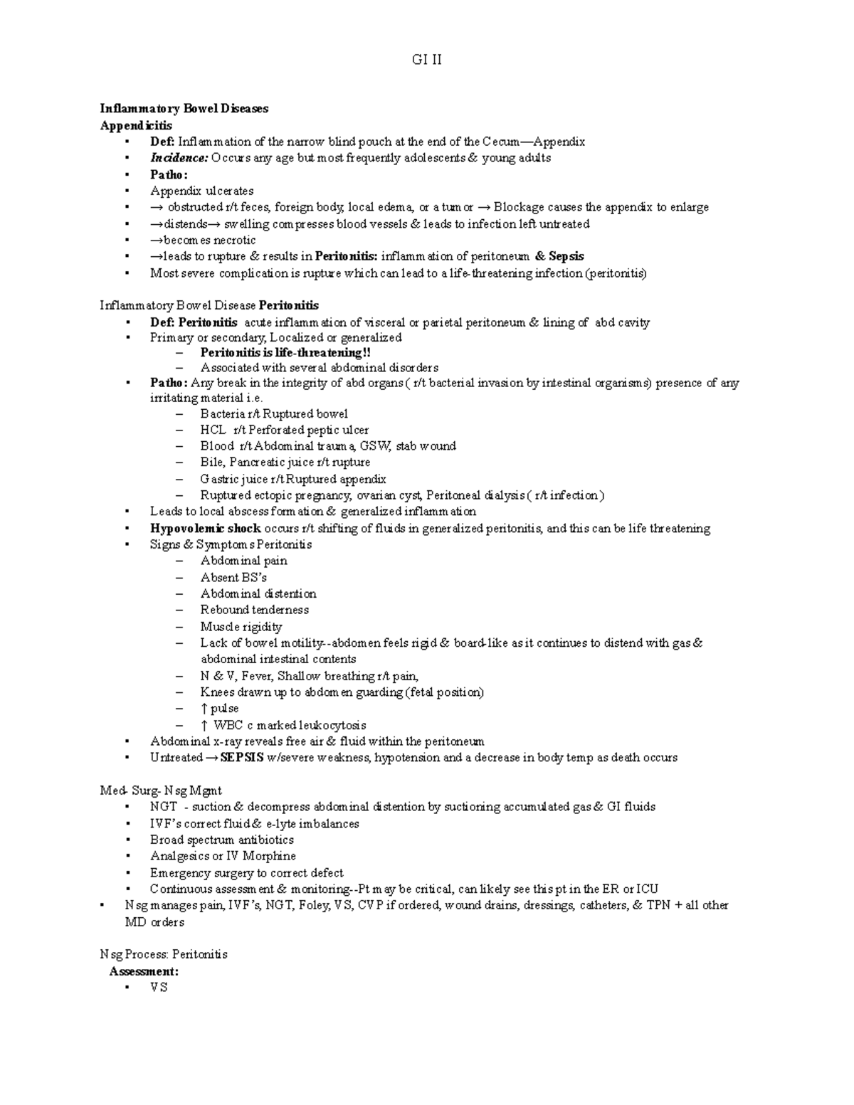 GI II Outline - GI II Inflammatory Bowel Diseases Appendicitis - Def ...