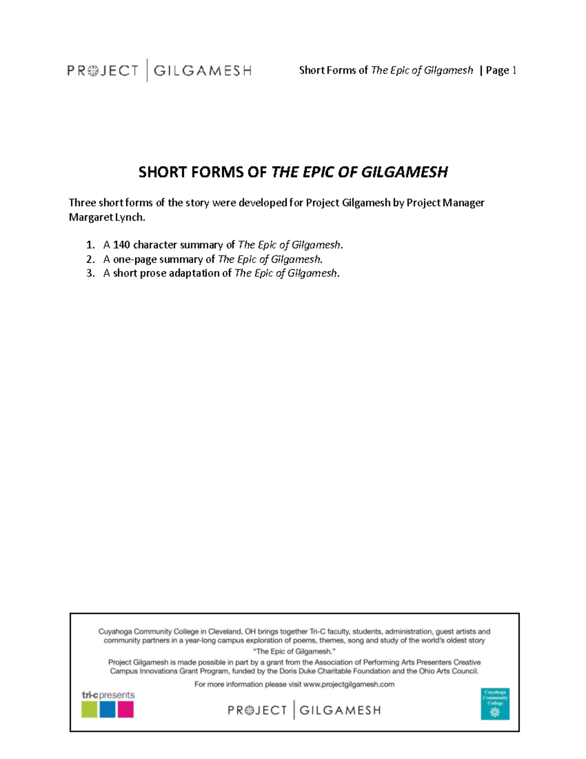 Gilgamesh Short Forms - SHORT FORMS OF THE EPIC OF GILGAMESH Three ...