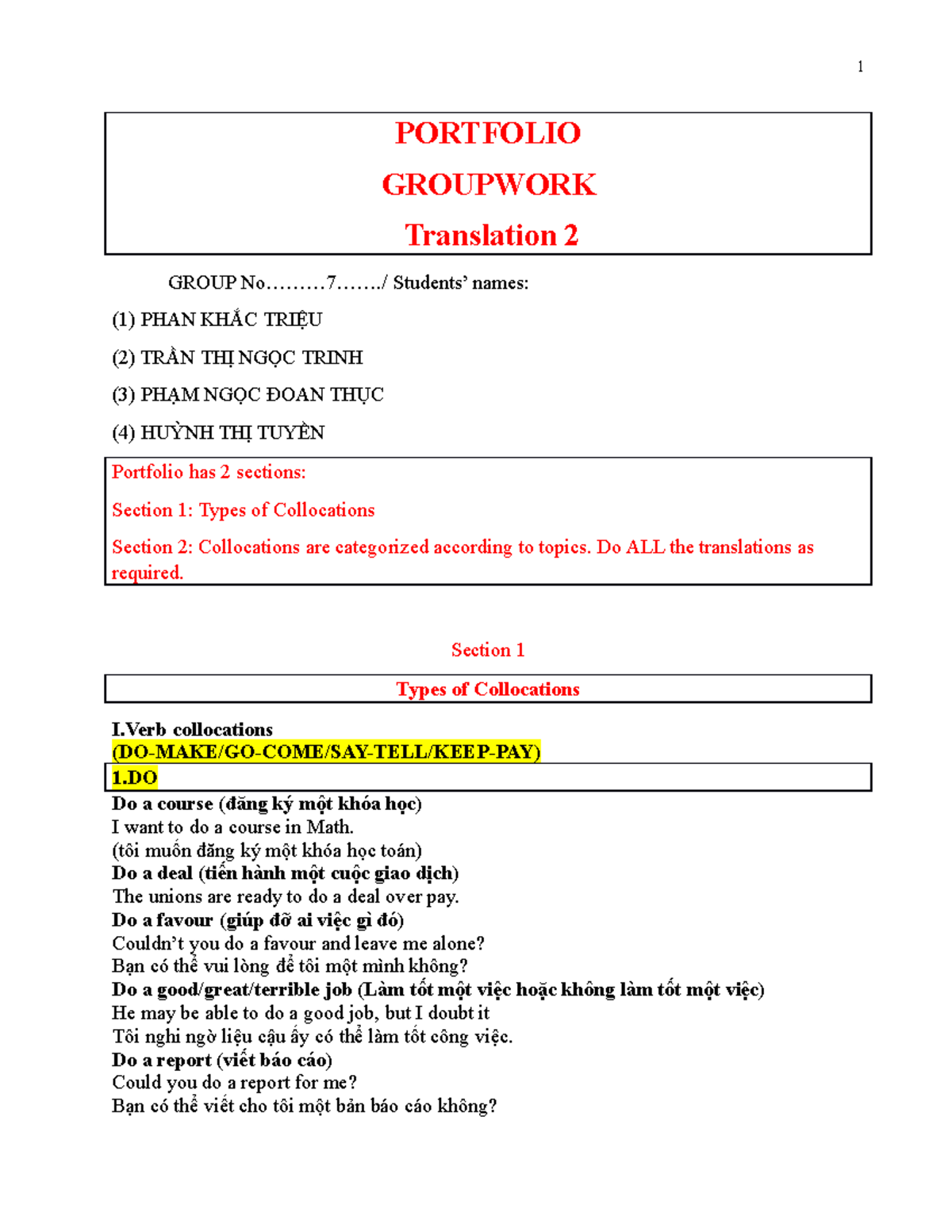 FULL Portfolio (Group 7) - PORTFOLIO GROUPWORK Translation 2 GROUP No ...