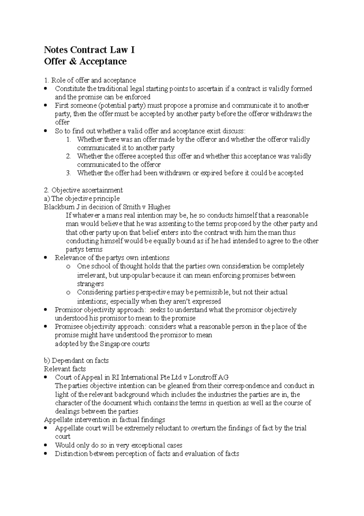 Notes CL - Offer - Notes Contract Law I Offer & Acceptance Role of ...