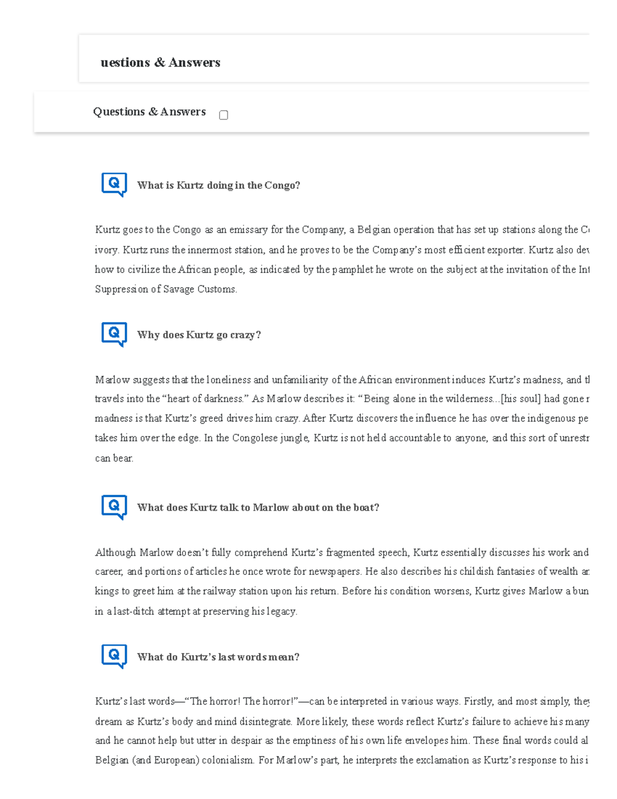 Heart of Darkness Questions & Answers Spark Notes - uestions & Answers ...