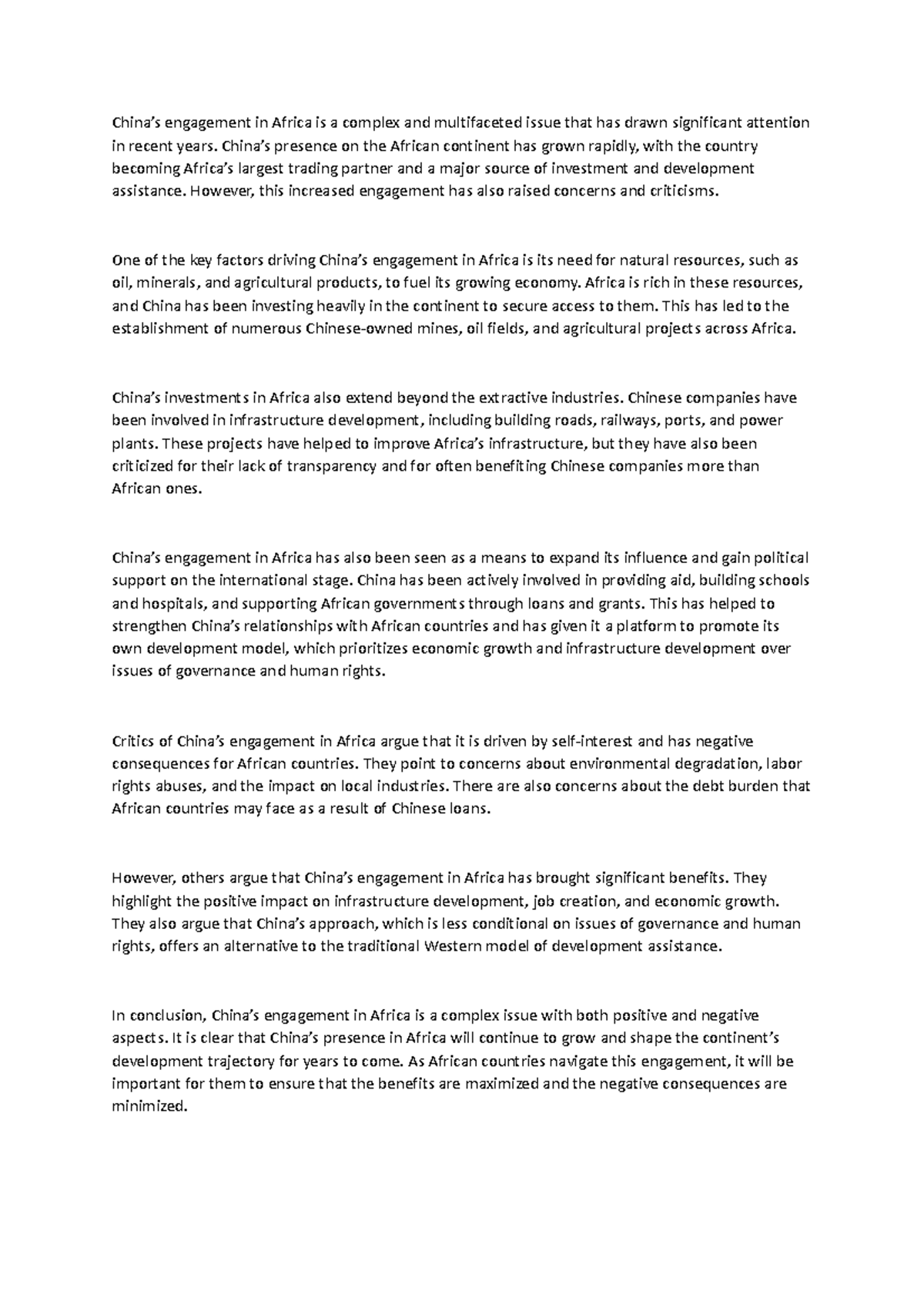 China - Summary of an open case. - China’s engagement in Africa is a ...