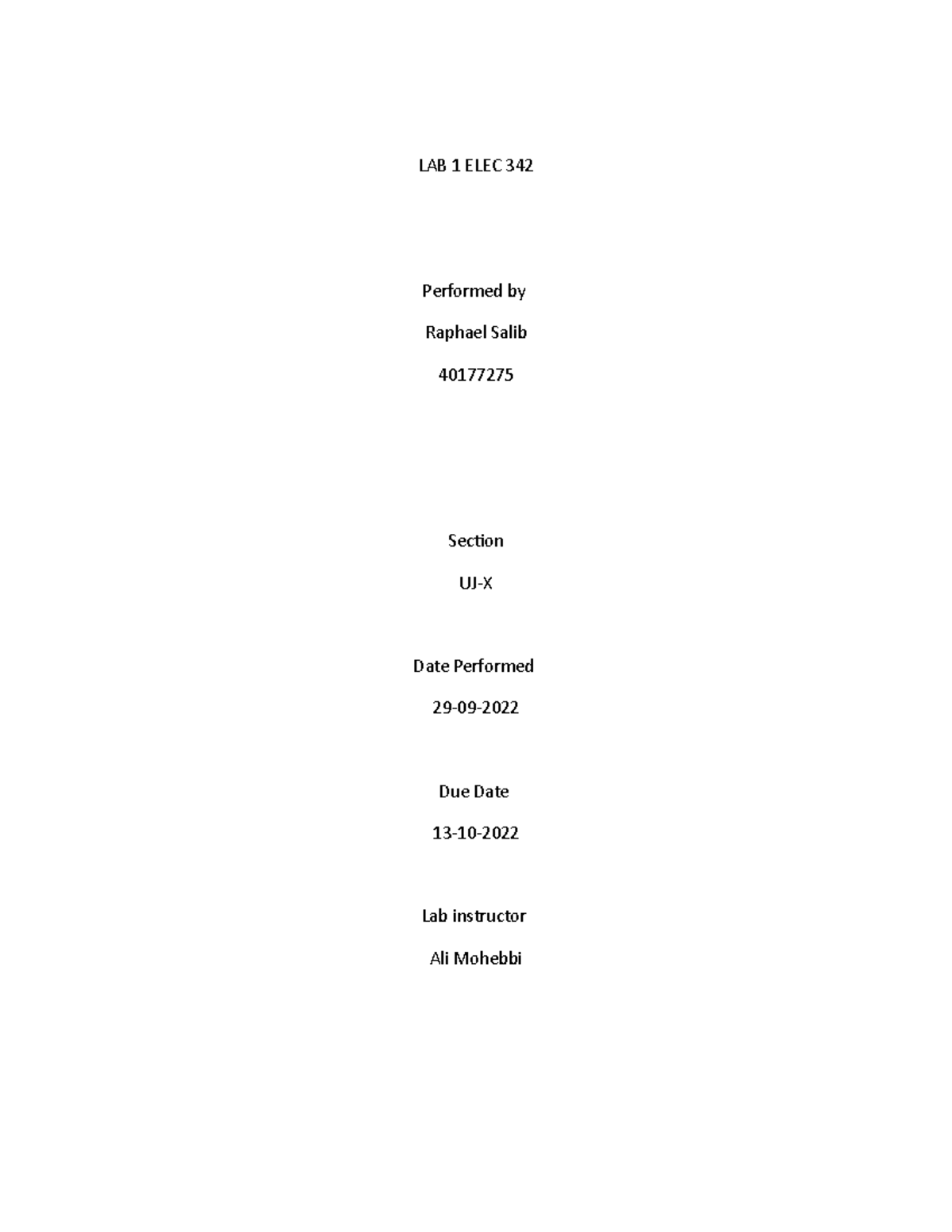 Lab 1 Lab 1 Report Lab 1 Elec 342 Performed By Raphael Salib 40177275 Section Uj X Date 