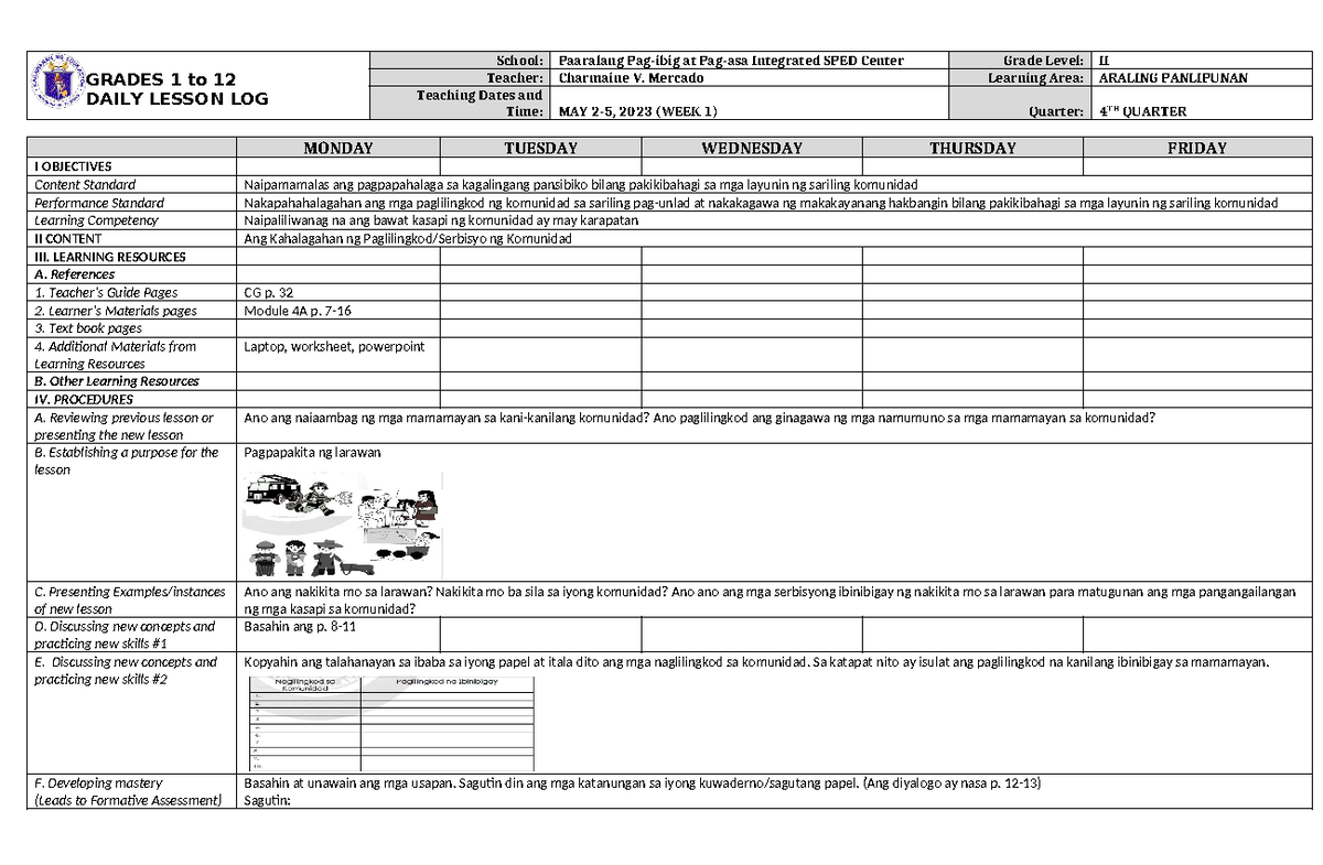 AP 2 - Q4 - Week 1 - 2023-2024 - GRADES 1 to 12 DAILY LESSON LOG School ...