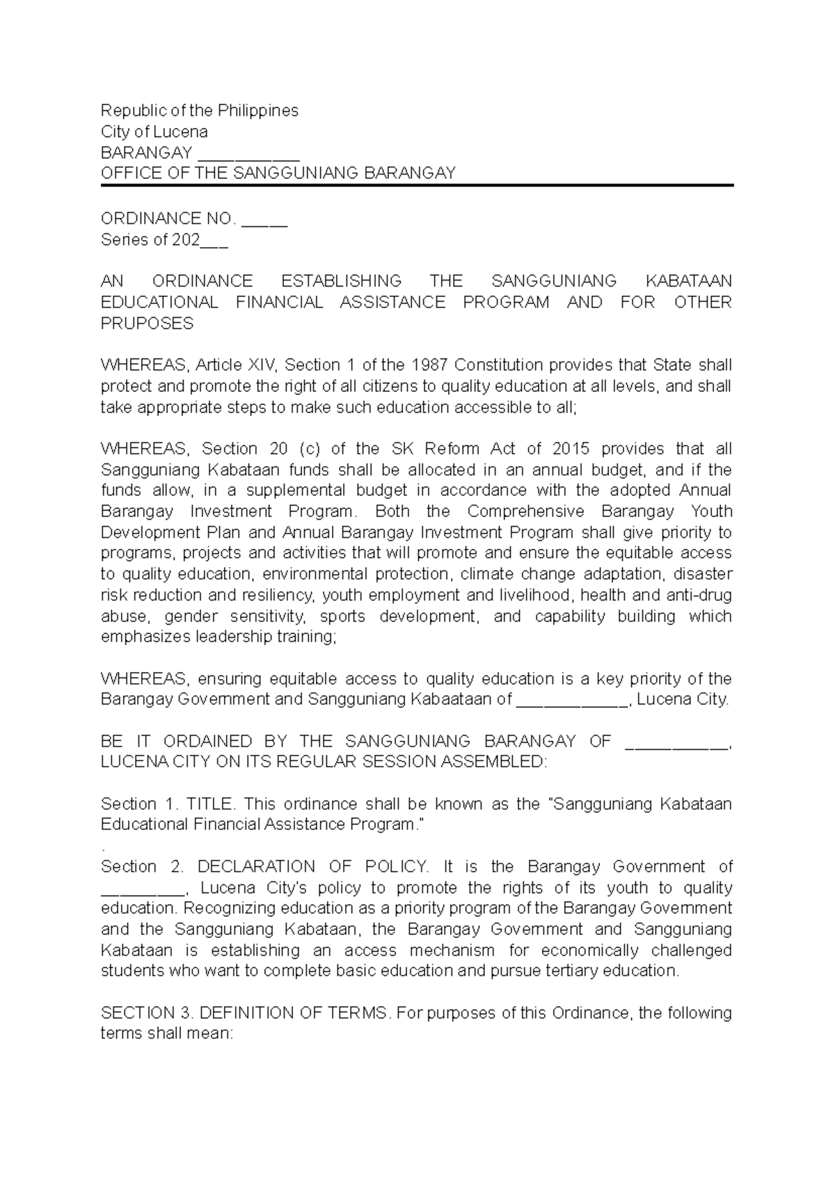 SK Financial Assistance Ordinance - Republic of the Philippines City of ...