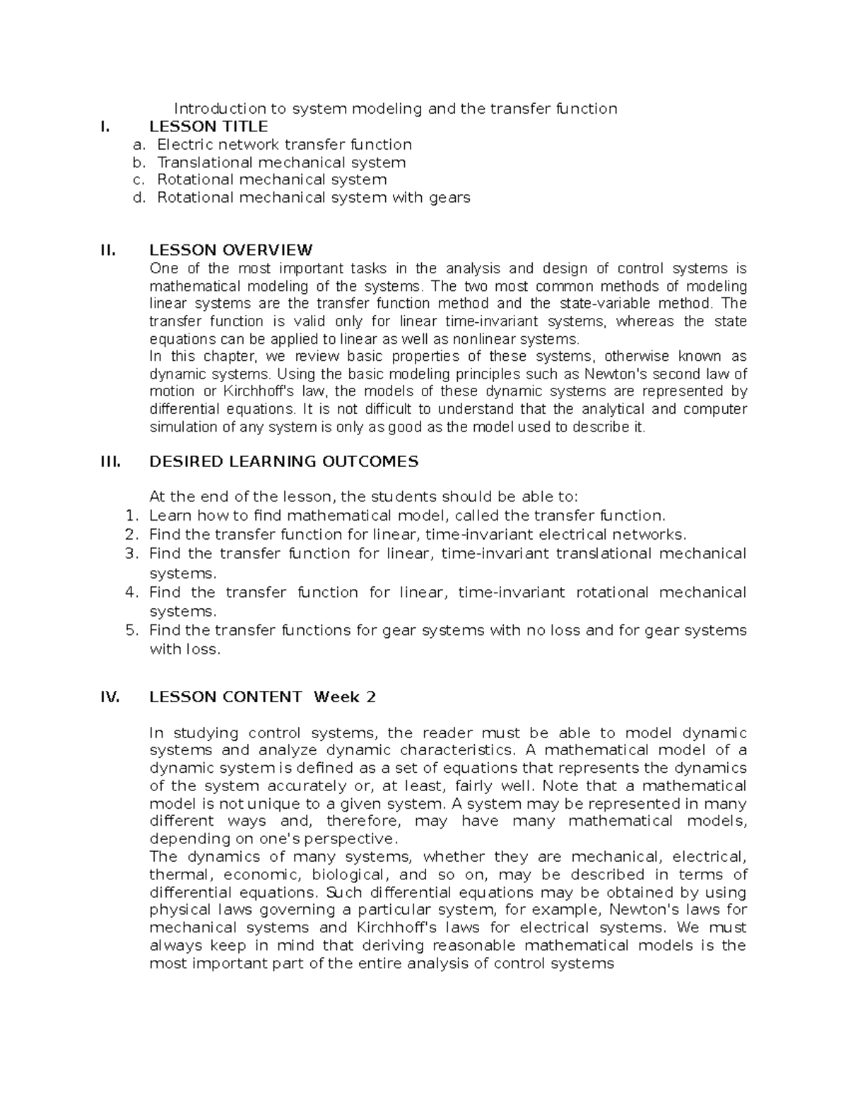 FCS module 2 - notes - Introduction to system modeling and the transfer ...