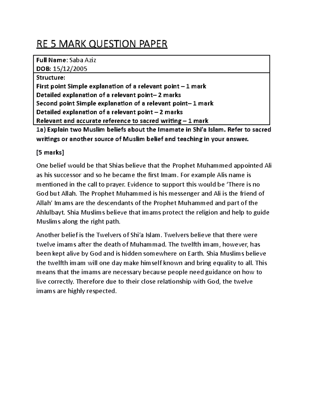 Document - notes - RE 5 MARK QUESTION PAPER Full Name: Saba Aziz DOB ...