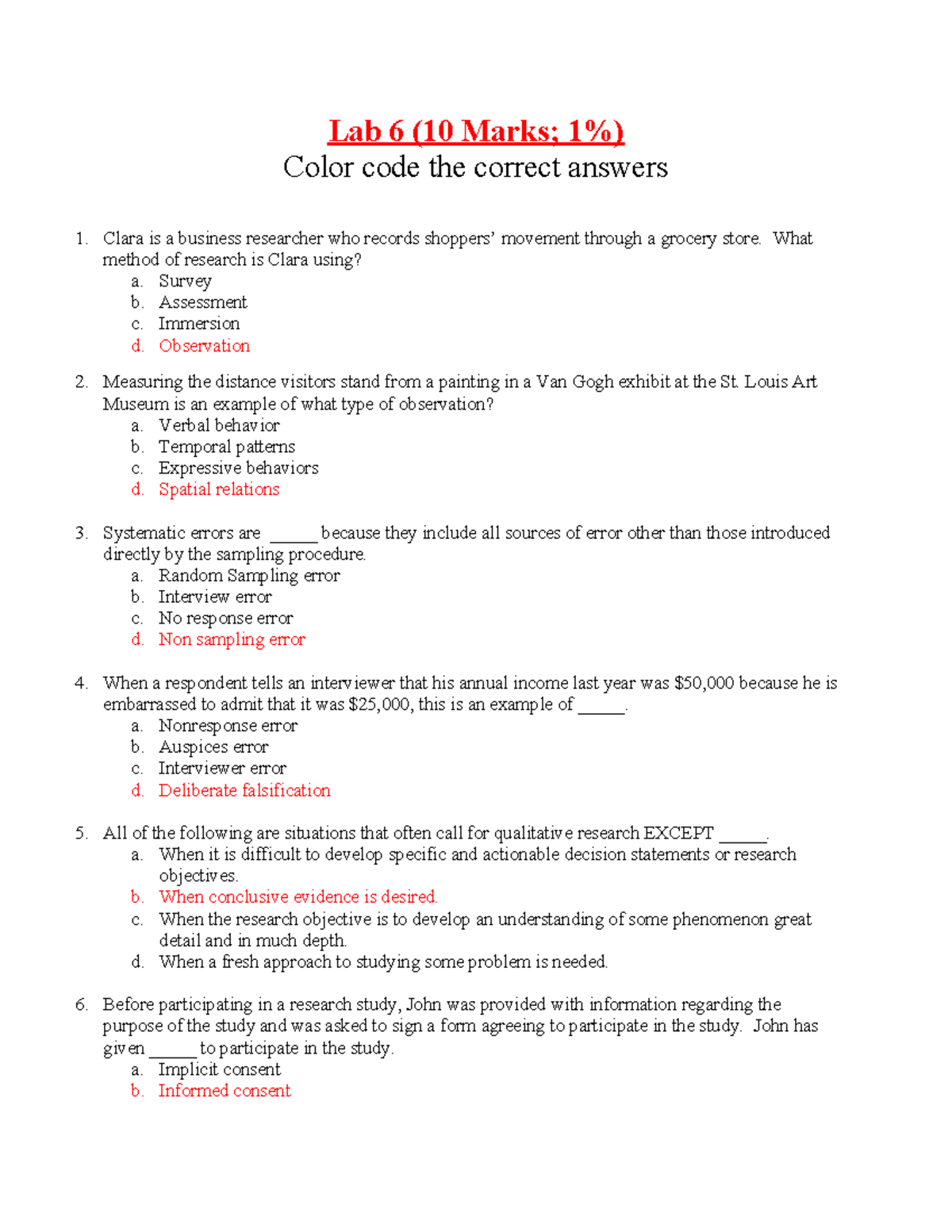 Lab 6 - Lab 6 - Lab 6 (10 Marks; 1%) Color code the correct answers 1. Clara is a business - Studocu