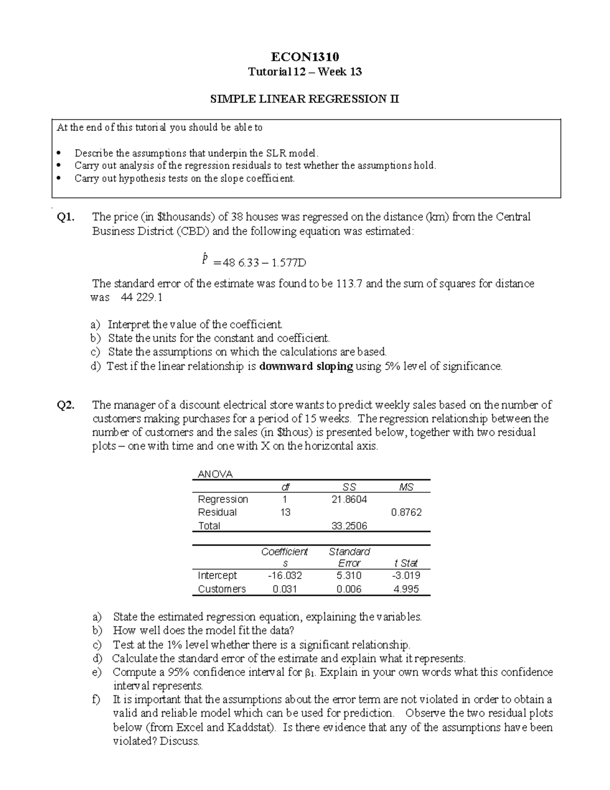 Econ1310 Tutorial 12 Tut Work Econ Tutorial 12 Week 13 Simple Linear Regression Ii At The