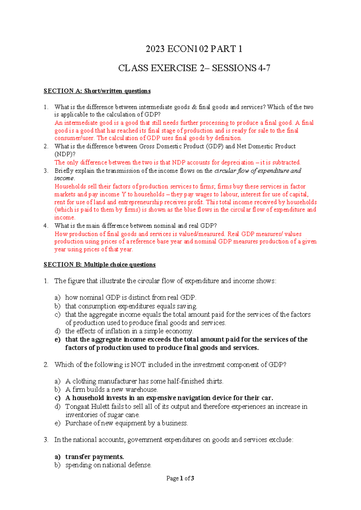 2023 ECON102 Part 1 Class Exercise 2 sessions 4-7 suggested solutions[ 96] - Page 1 of 3 2023 ...