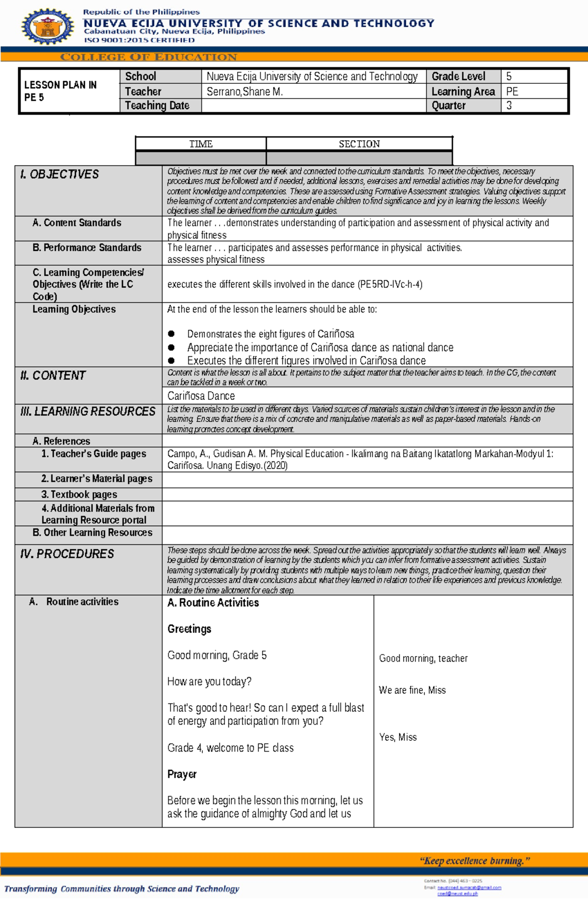 PE Detailed LP - LESSON PLAN IN PE 5 School Nueva Ecija University of ...