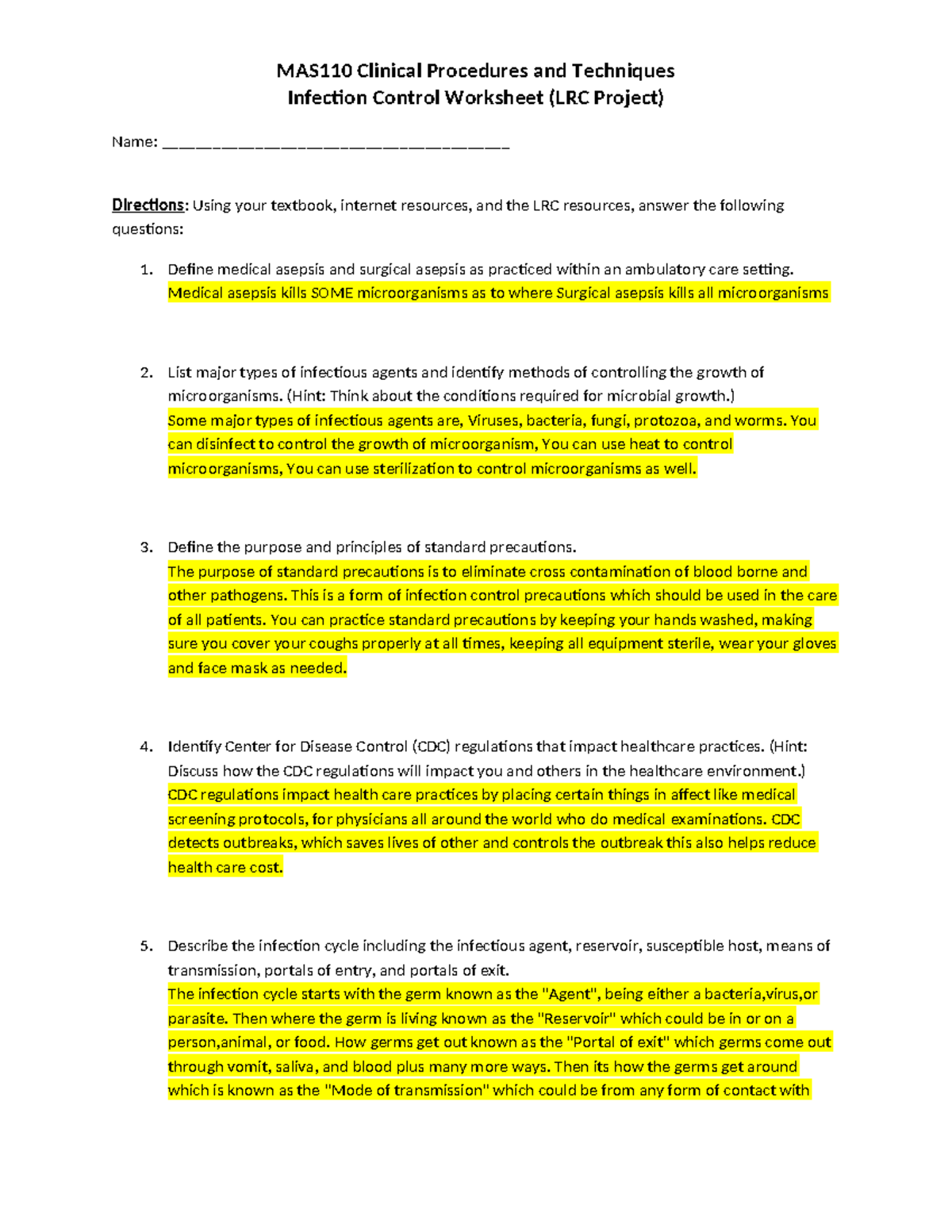 MAS110 Week 1 Infection Control Worksheet (1) (1) - MAS110 Clinical ...