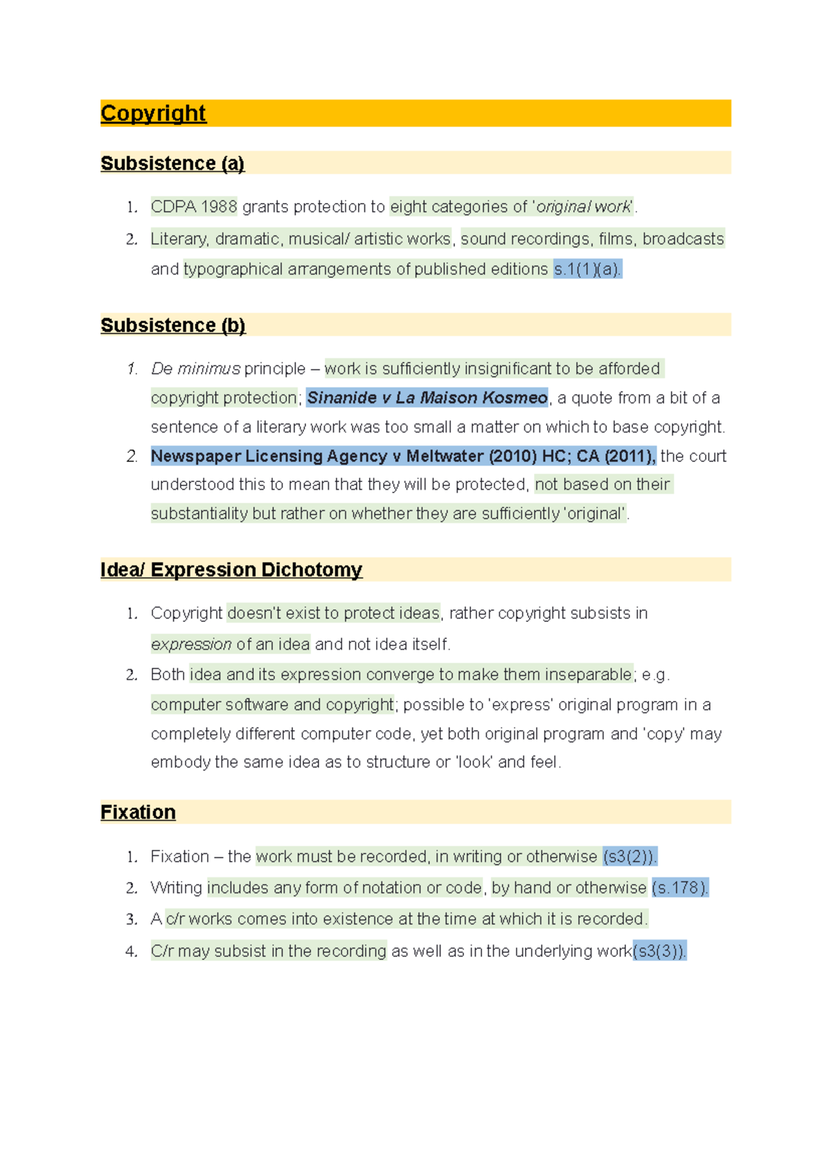 Copyright - Structures notes. - Copyright Subsistence (a) CDPA 1988 ...