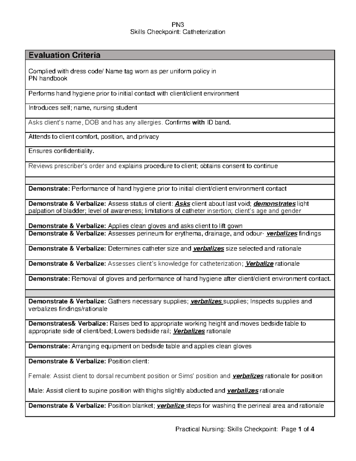 PN Lab 3 Skills Chekpoint Catheterization - Skills Checkpoint ...