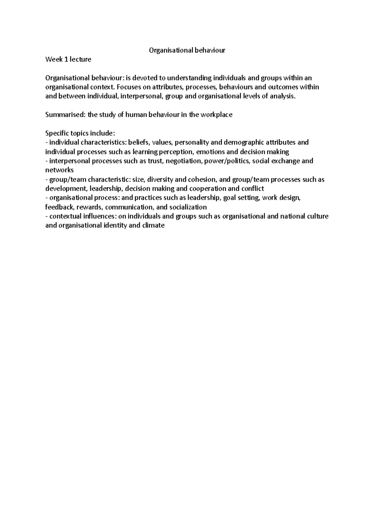 Organisational behaviour lecture notes - Organisational behaviour Week ...
