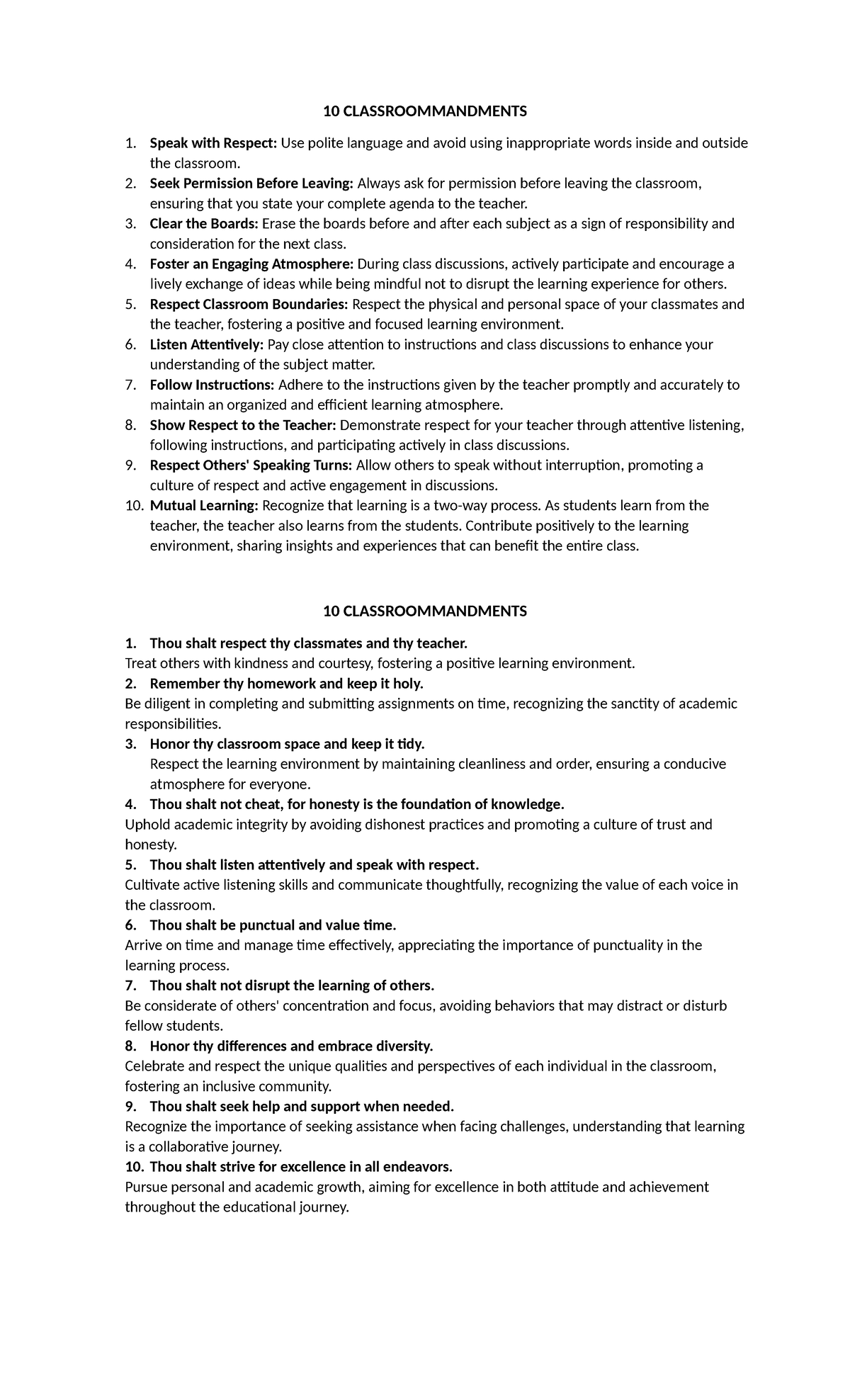 10 Classroommandments - 10 CLASSROOMMANDMENTS 1. Speak with Respect ...