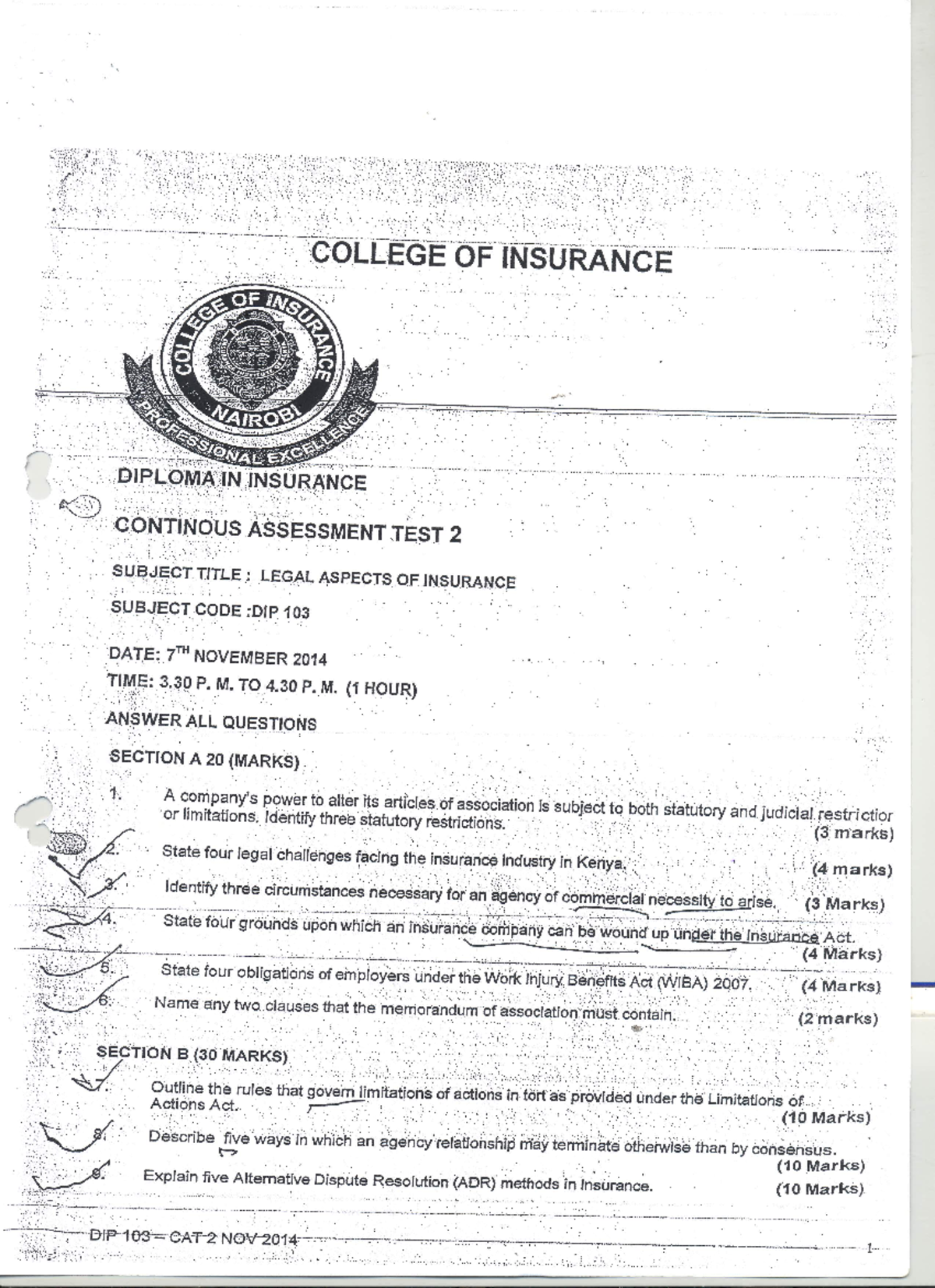 DIP 103 CAT 2 PAST Papers - Bachelor of Commerce - Studocu