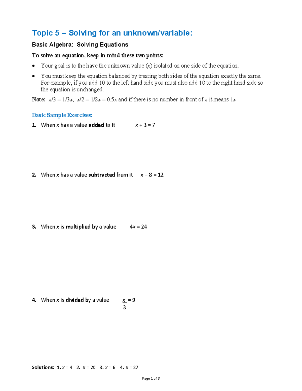 Algebra Review - Page 1 of 3 Topic 5 – Solving for an unknown/variable ...