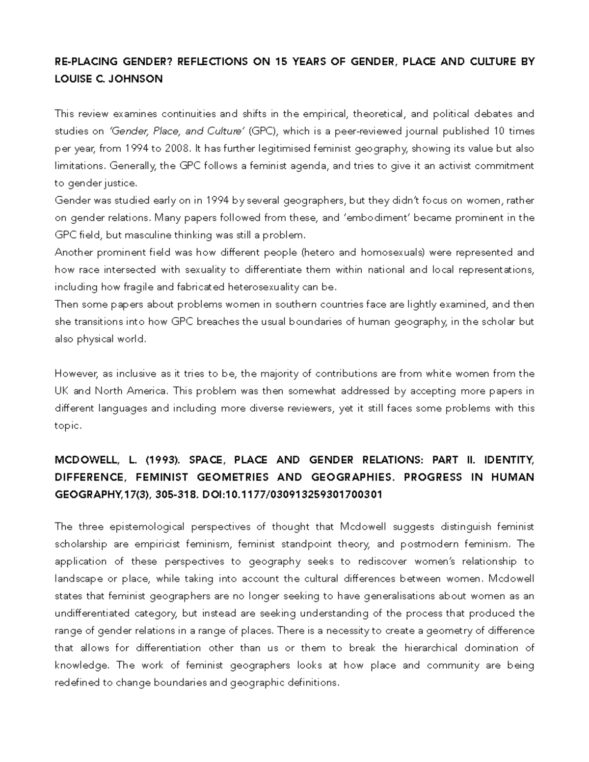 Week 9 notes - GENDER? REFLECTIONS ON 15 YEARS OF GENDER, PLACE AND ...