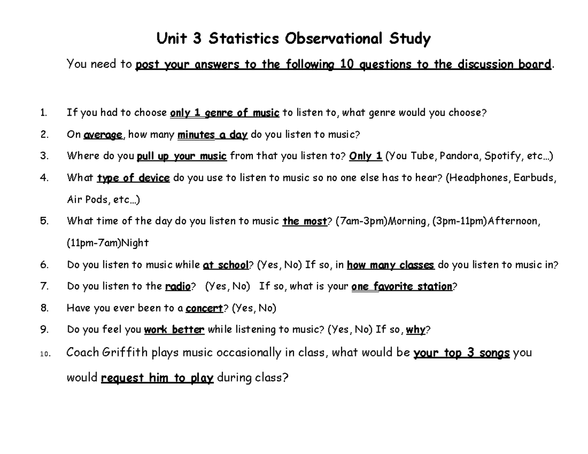 Unit 3 Statistics Introduction - Unit 3 Statistics Observational Study ...