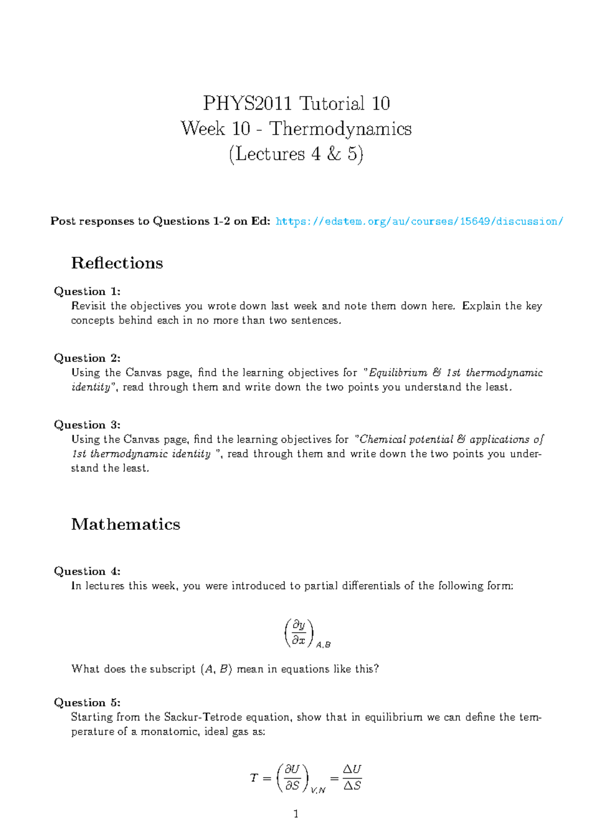 PHYS2011 thermo tutorial 10 - PHYS2011 Tutorial 10 Week 10 - Thermodynamics (Lectures 4 & 5 ...