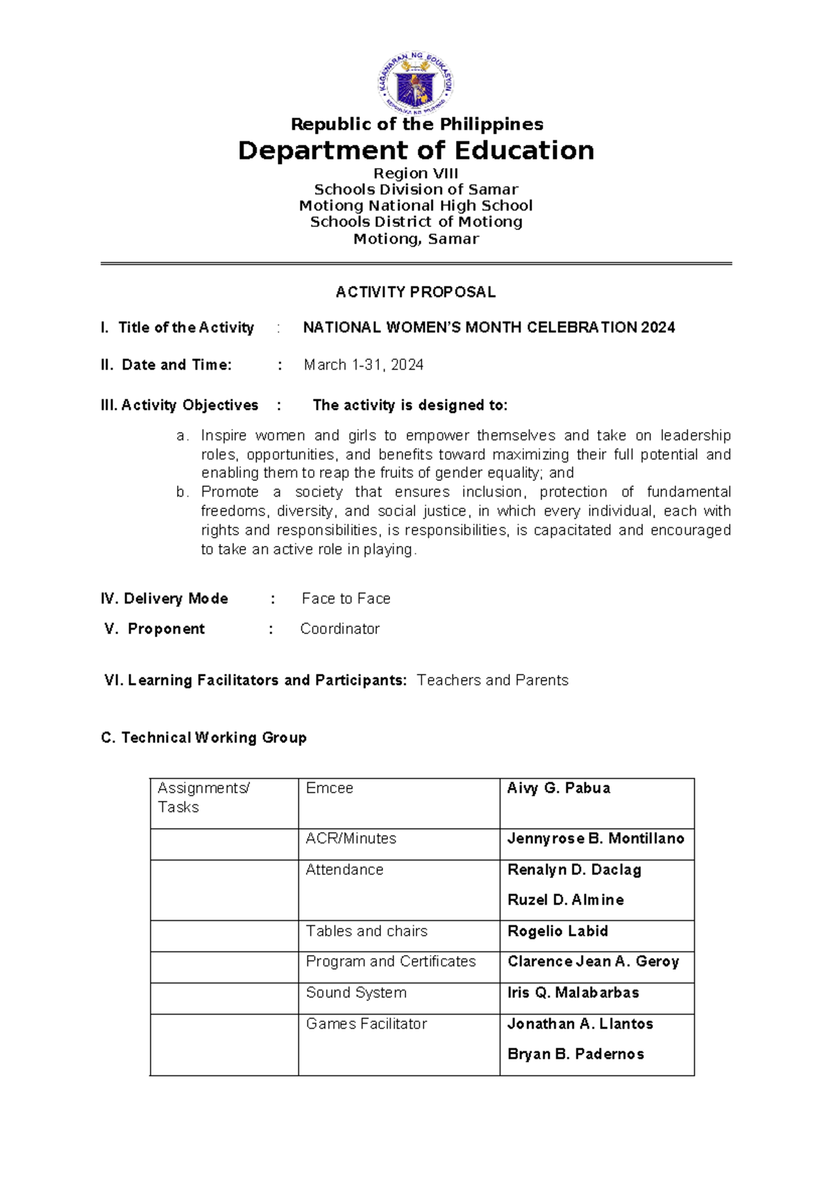 Activity Proposal - Republic of the Philippines Department of Education ...
