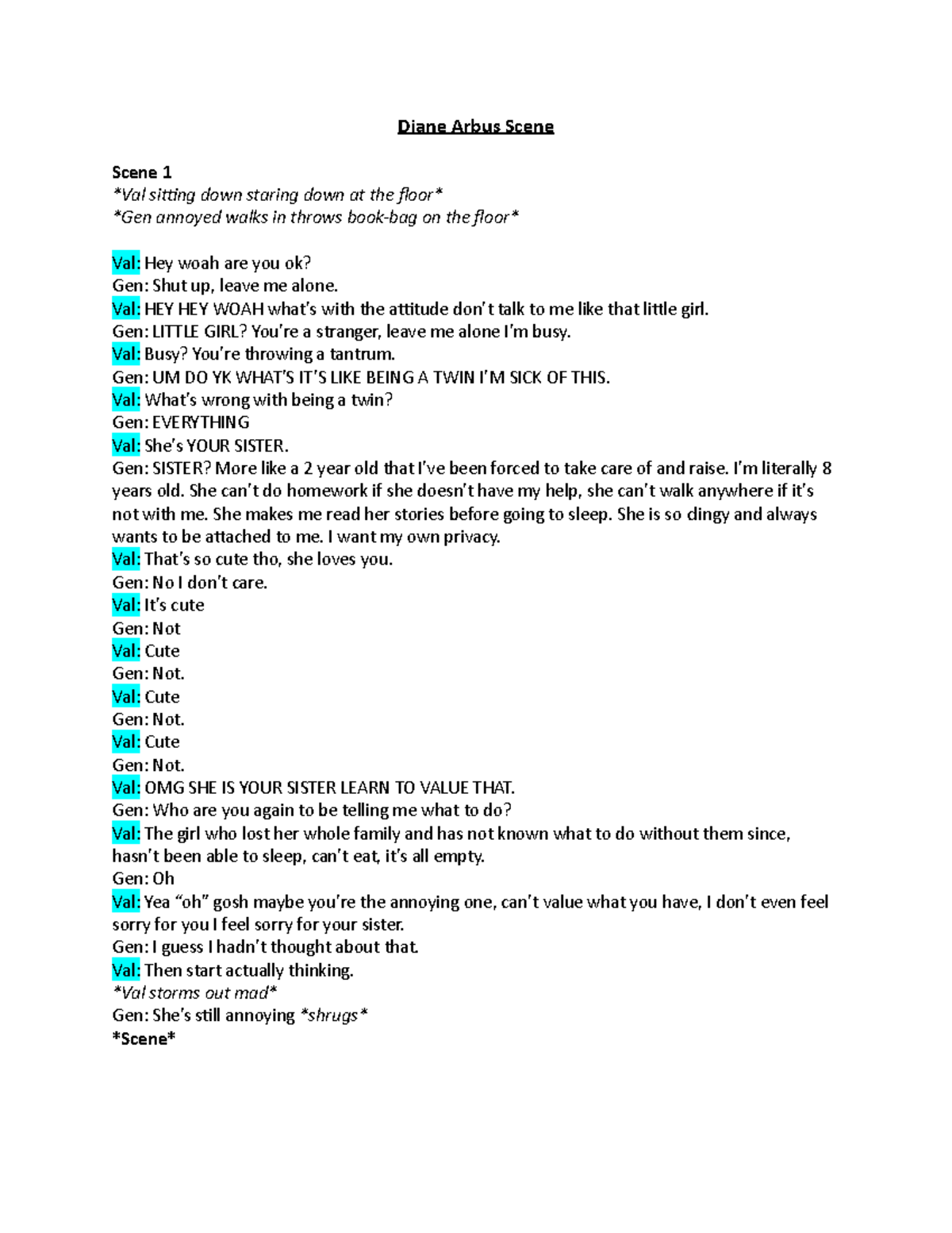 Diane Arbus Scene - notes - Diane Arbus Scene Scene 1 Val sitting down ...