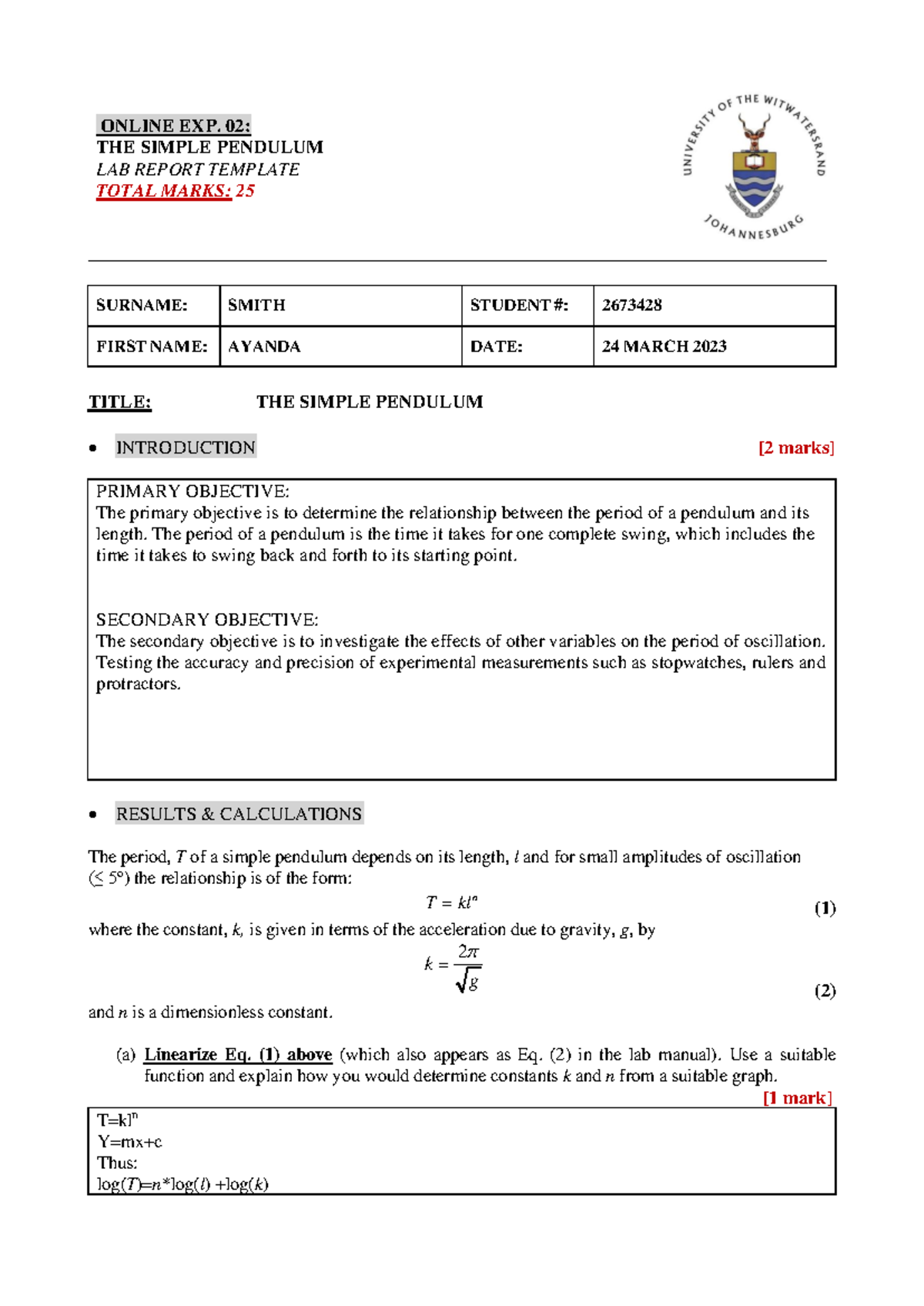 Online Exp02 - Simple Pendulum - Lab Report Template-1 - ONLINE EXP. 0 ...