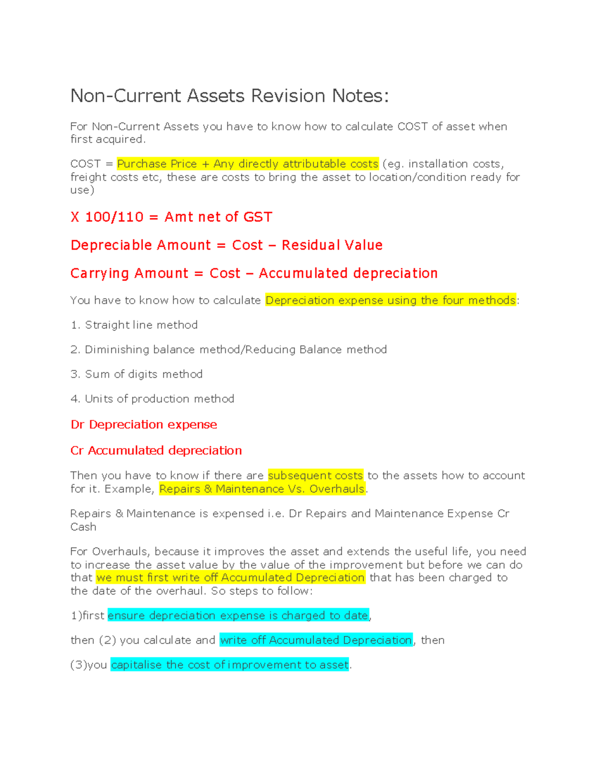 Noncurrent Assets Notes - Non-Current Assets Revision Notes: For Non ...