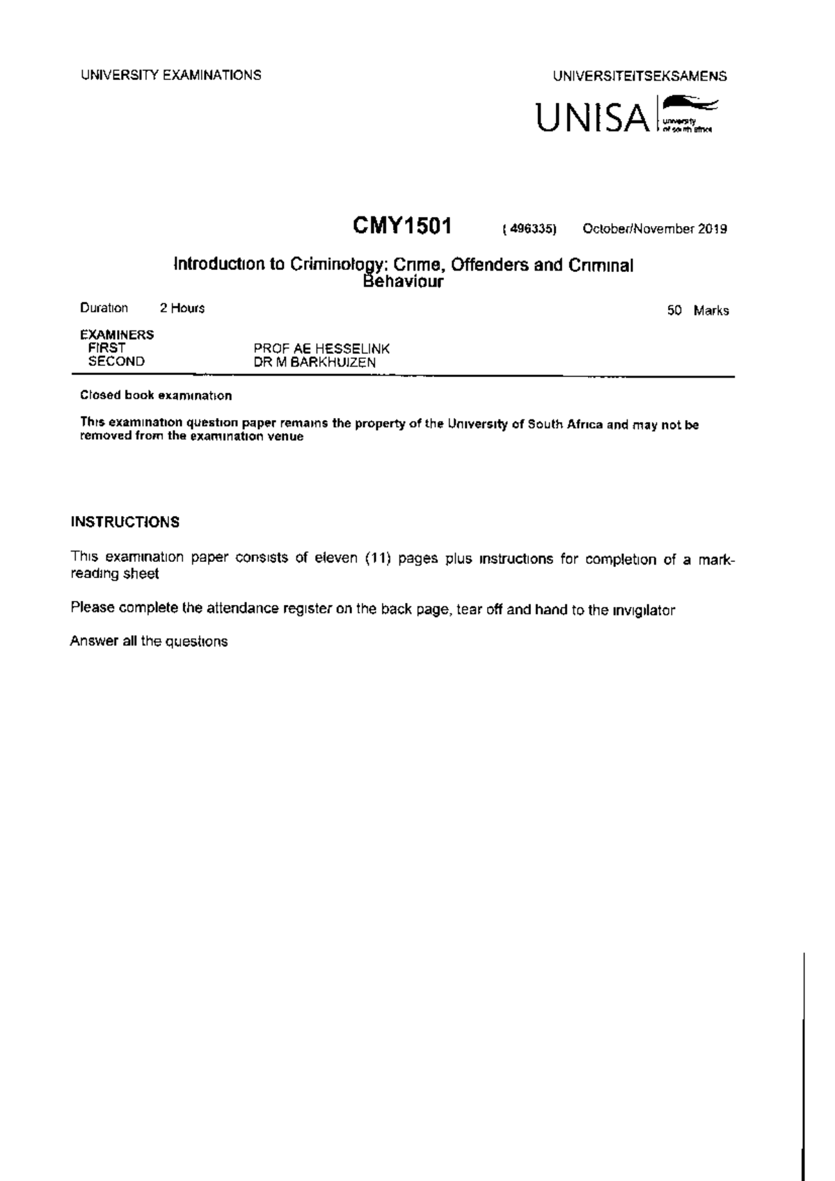 October November 2019 - Past paper for practice - CMY1501 - Unisa - Studocu