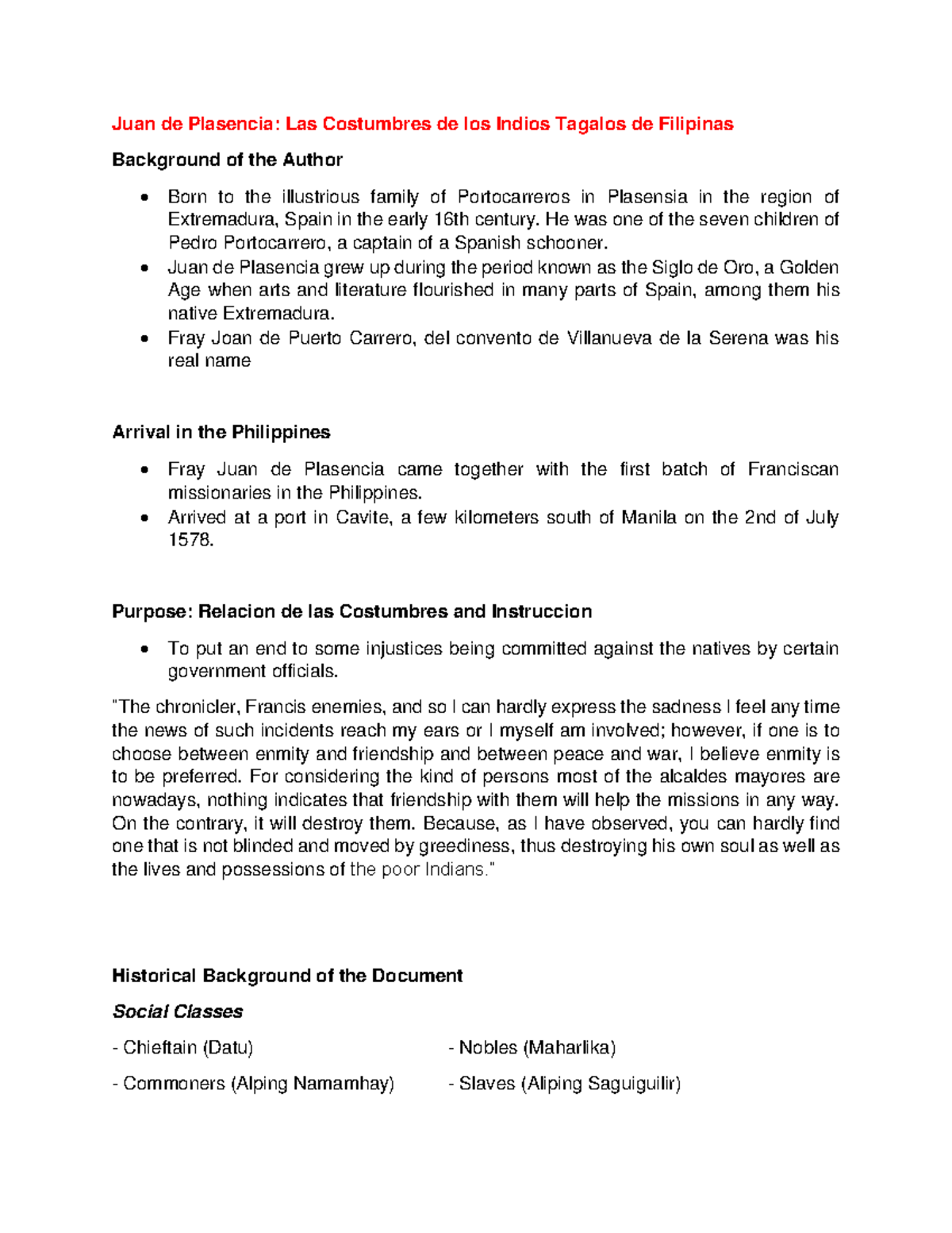 Custom of Tagalog Philippine history - Juan de Plasencia: Las ...