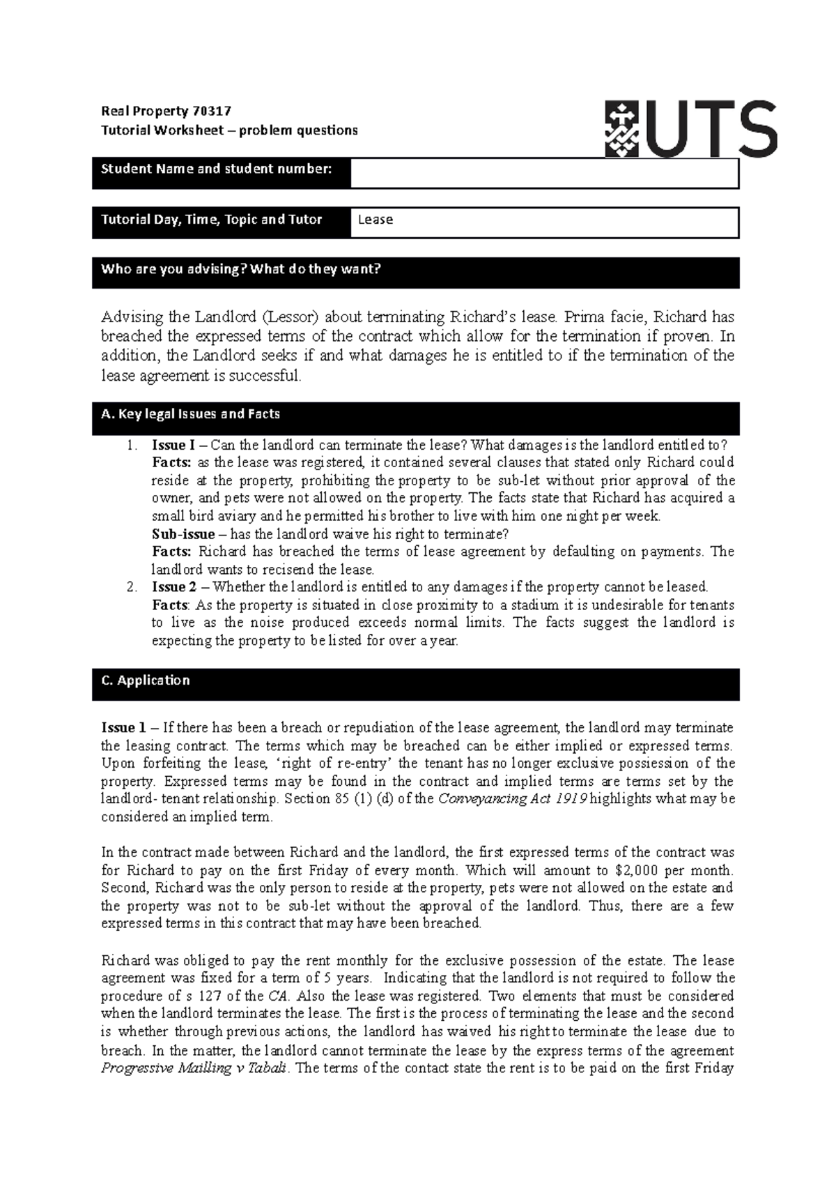 Tutorial Question Lease - Real Property 70317 Tutorial Worksheet ...