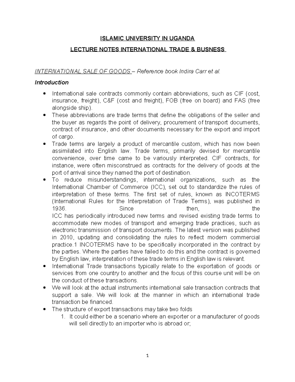 International SALE OF Goods.docx Lecture Notes - ISLAMIC UNIVERSITY IN ...