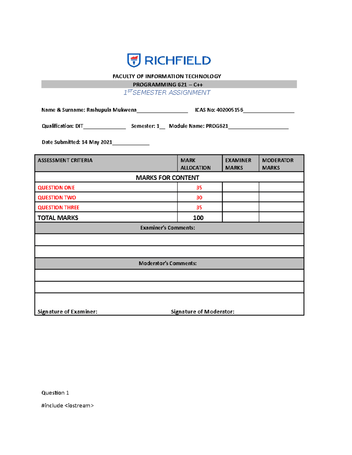 Document - FACULTY OF INFORMATION TECHNOLOGY PROGRAMMING 621 – C++ 1 ST SEMESTER ASSIGNMENT Name ...