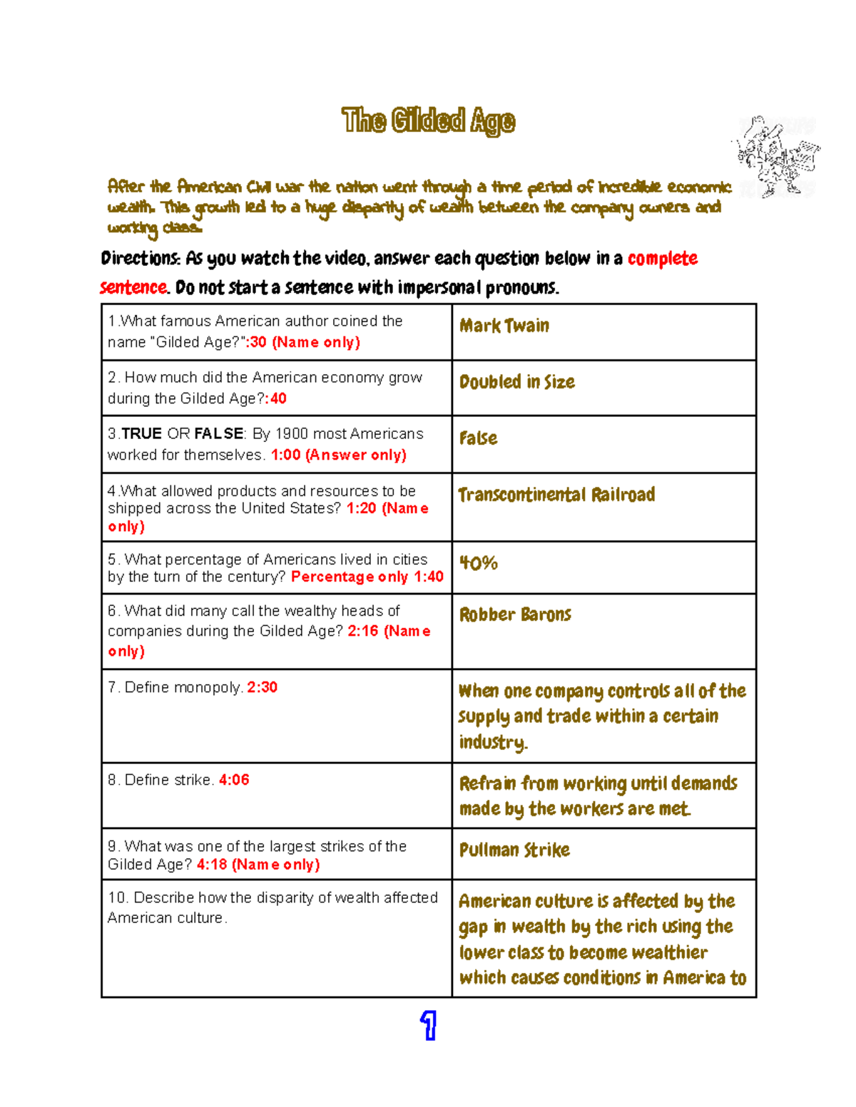 The Gilded Age, daily bellringer-Addy H - The Gilded Age After the ...