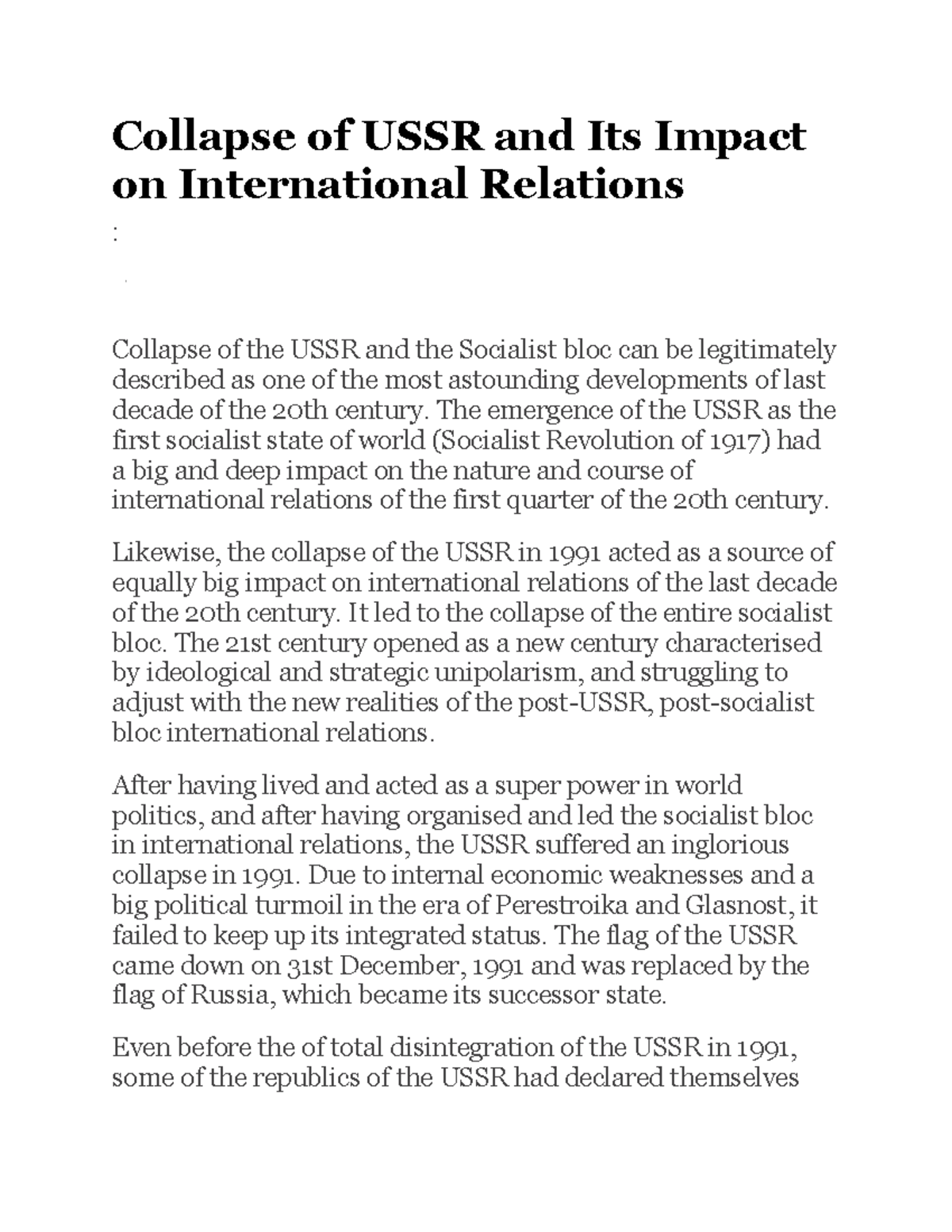 Collapse of USSR and Its Impact on International Relations - Collapse ...