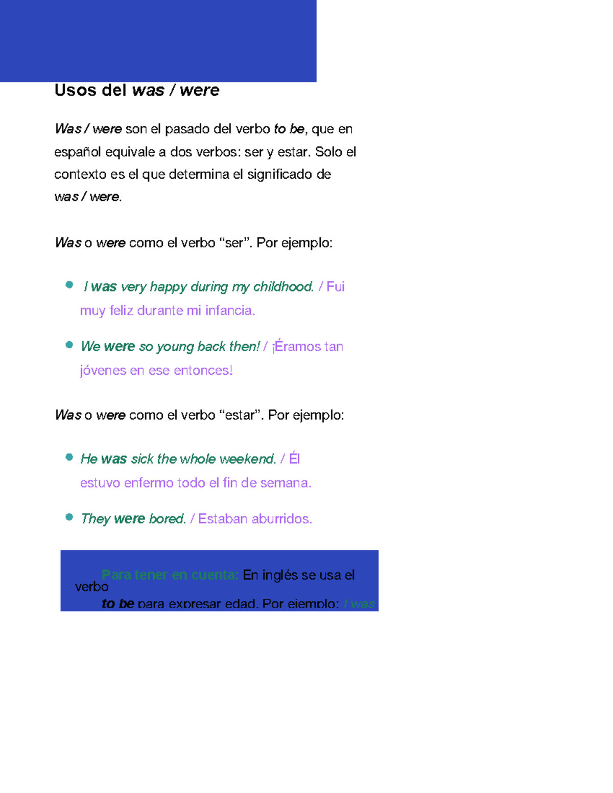 Copia de Was y were- el verbo to be en pasado (con ejemplos) - Usos del ...