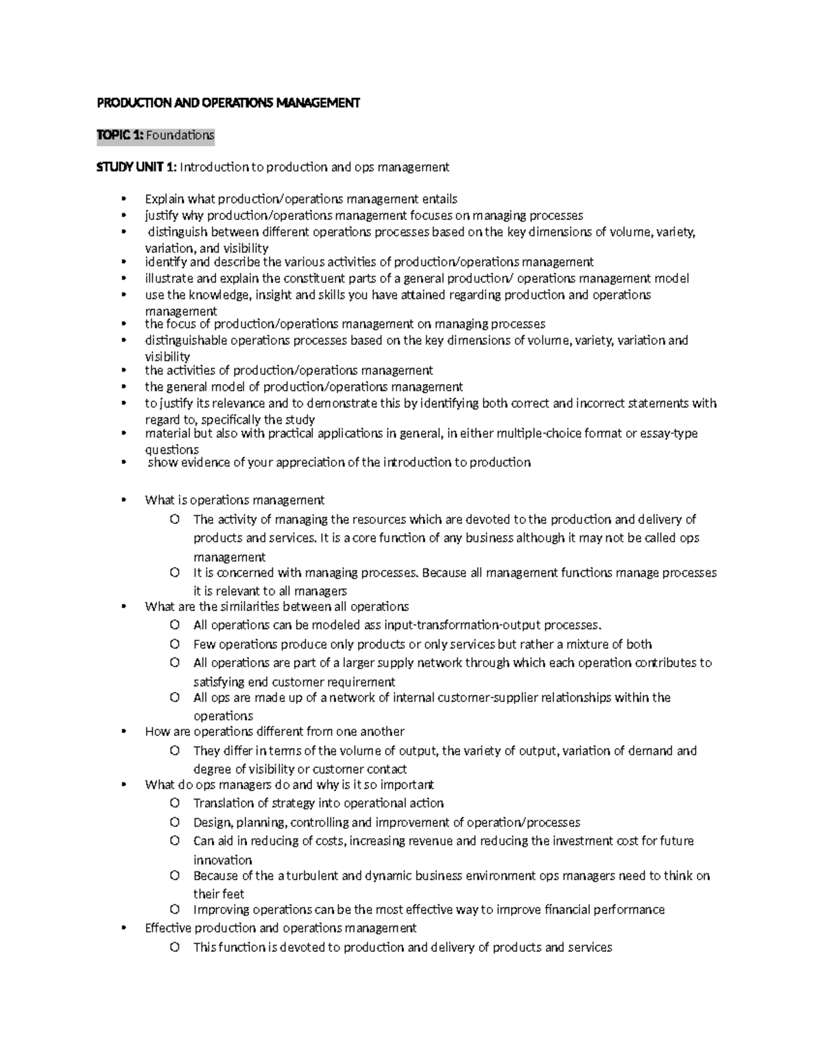 MNO2601 Productions and ops management notes 1 - PRODUCTION AND ...