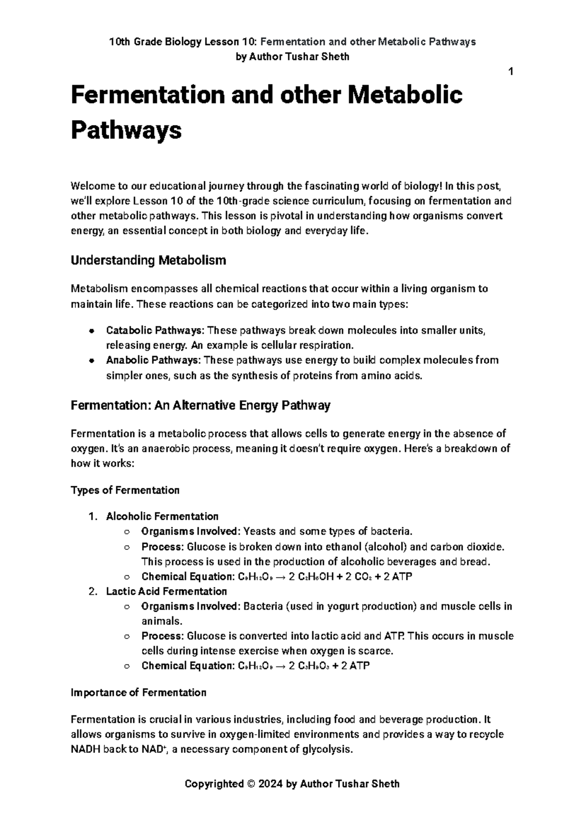 10th Grade Science Biology Lesson 10 Fermentation and other Metabolic ...