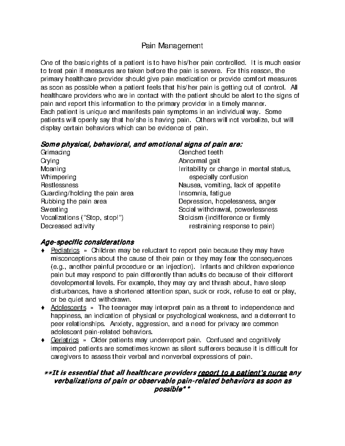 Pain Managmt - Pain signs - Pain Management One of the basic rights of ...