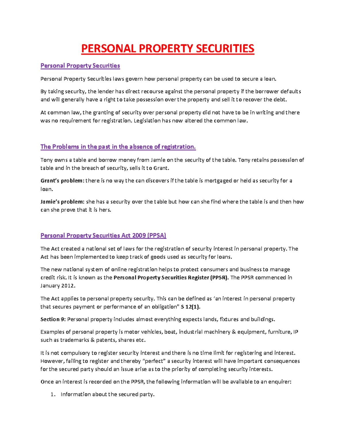 Personal Property Securities - PERSONAL PROPERTY SECURITIES Personal ...