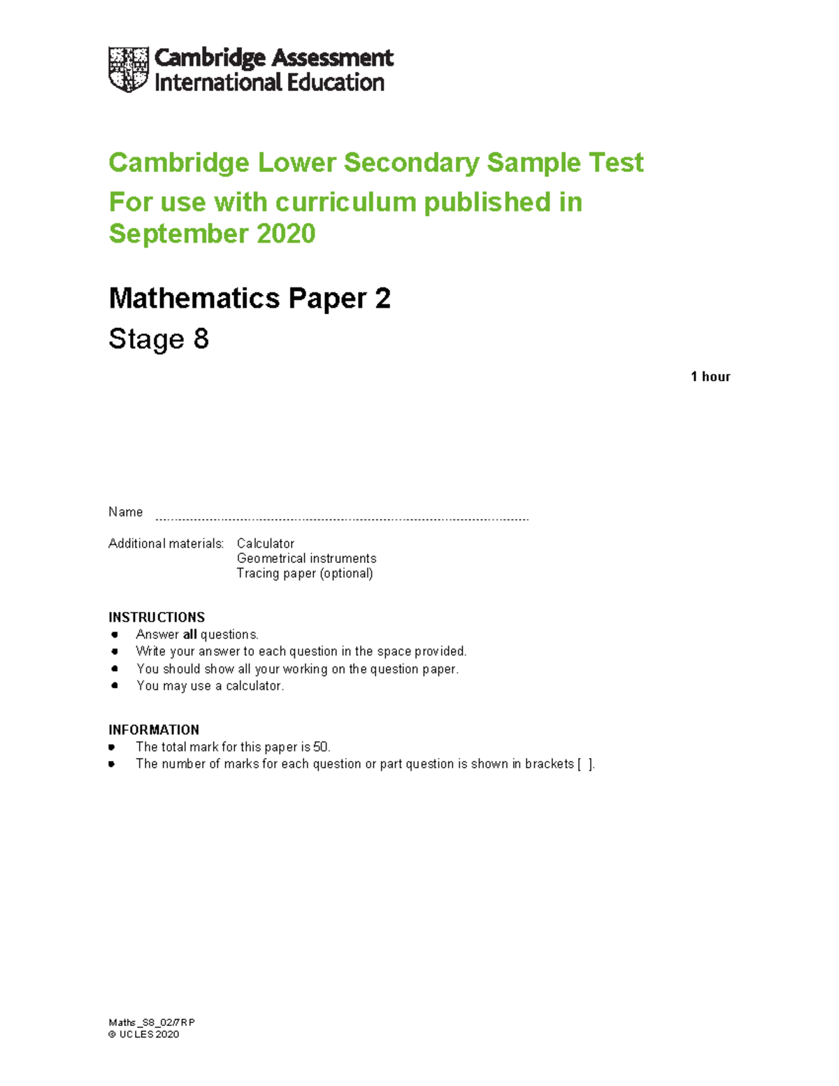 Mathematics Stage 8 Sample Paper 2 tcm143-595675 - Maths_S8_02/7RP ...