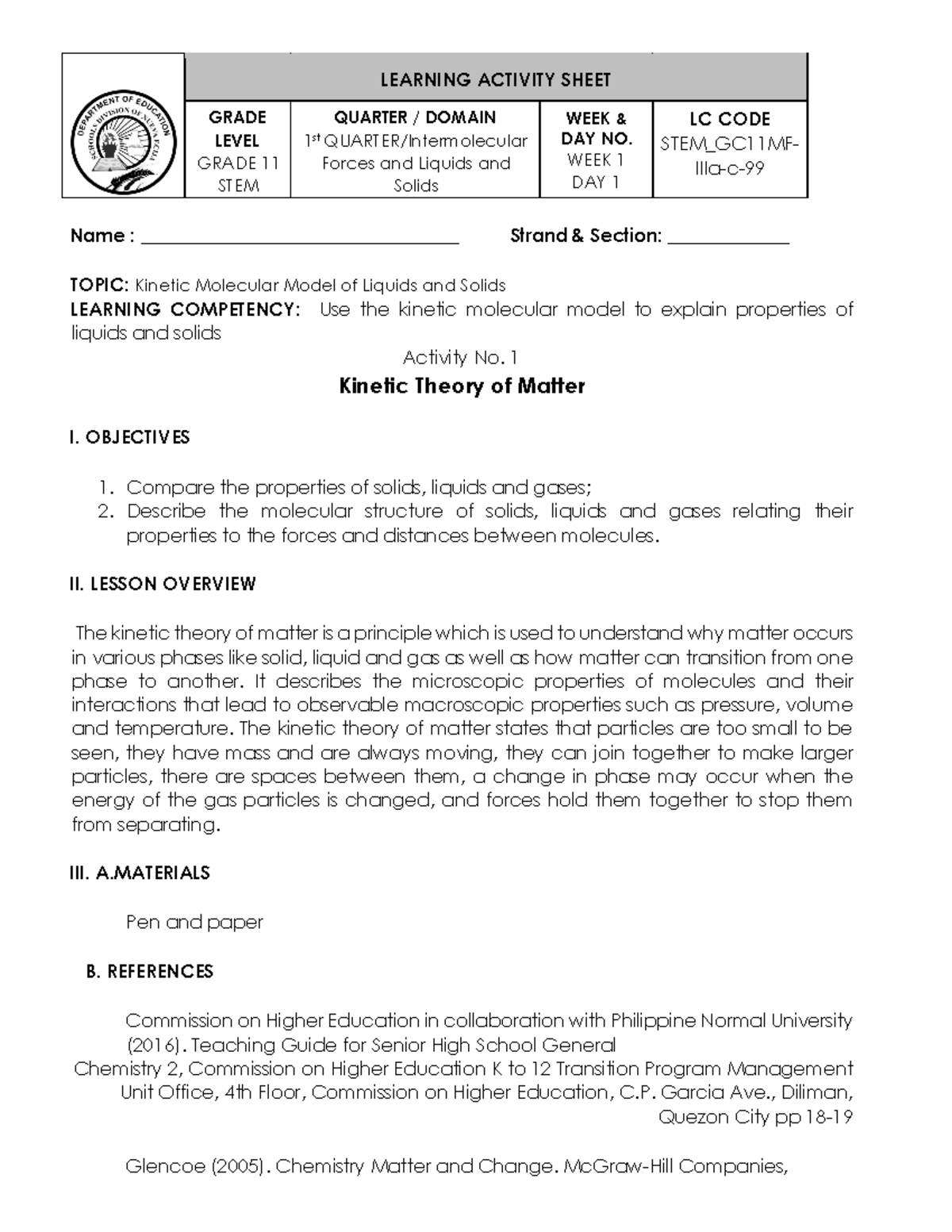 Learning Activity Sheet Chem2 W1 2 LEARNING ACTIVITY SHEET GRADE