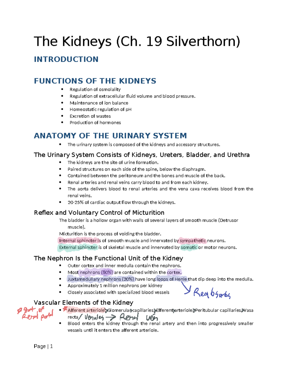 PGY 300 Renal Outline - The Kidneys (Ch. 19 Silverthorn) INTRODUCTION ...