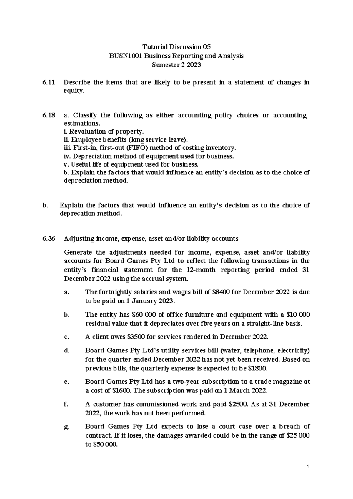Tutorial Discussion 05 question - Tutorial Discussion 05 BUSN1001 ...