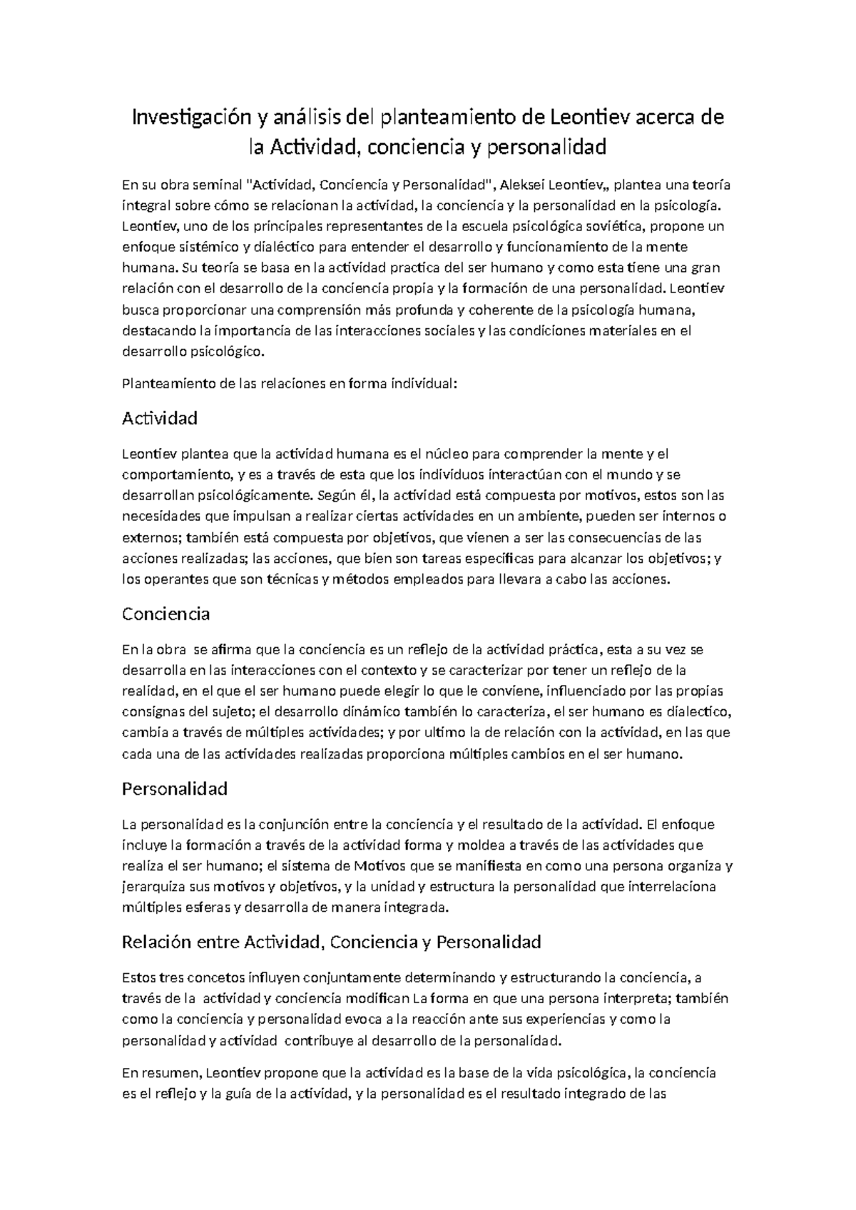 Investigación y análisis del planteamiento de Leontiev acerca de la ...