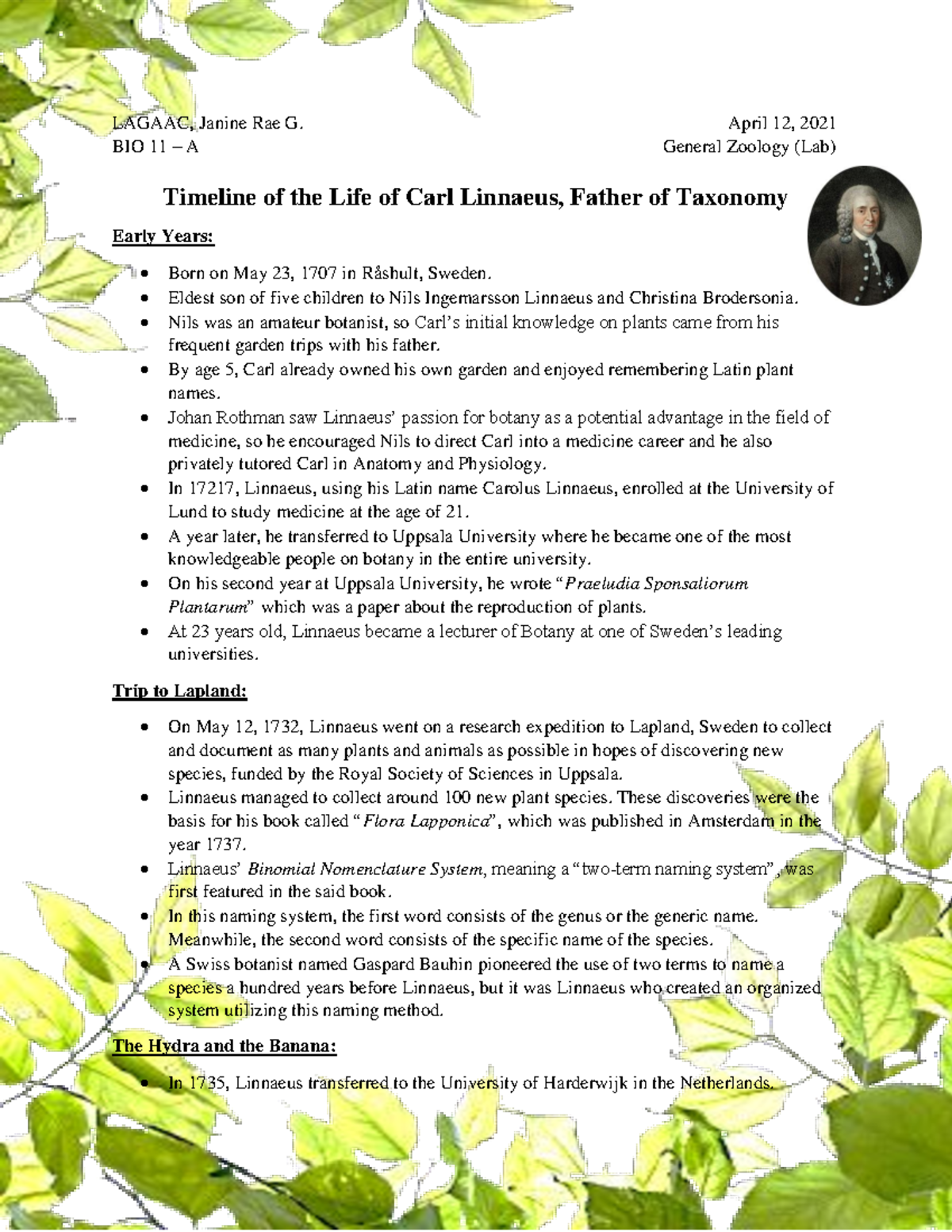 Carl Linnaeus - Lecture notes 1 - LAGAAC, Janine Rae G. April 12, 2021 ...